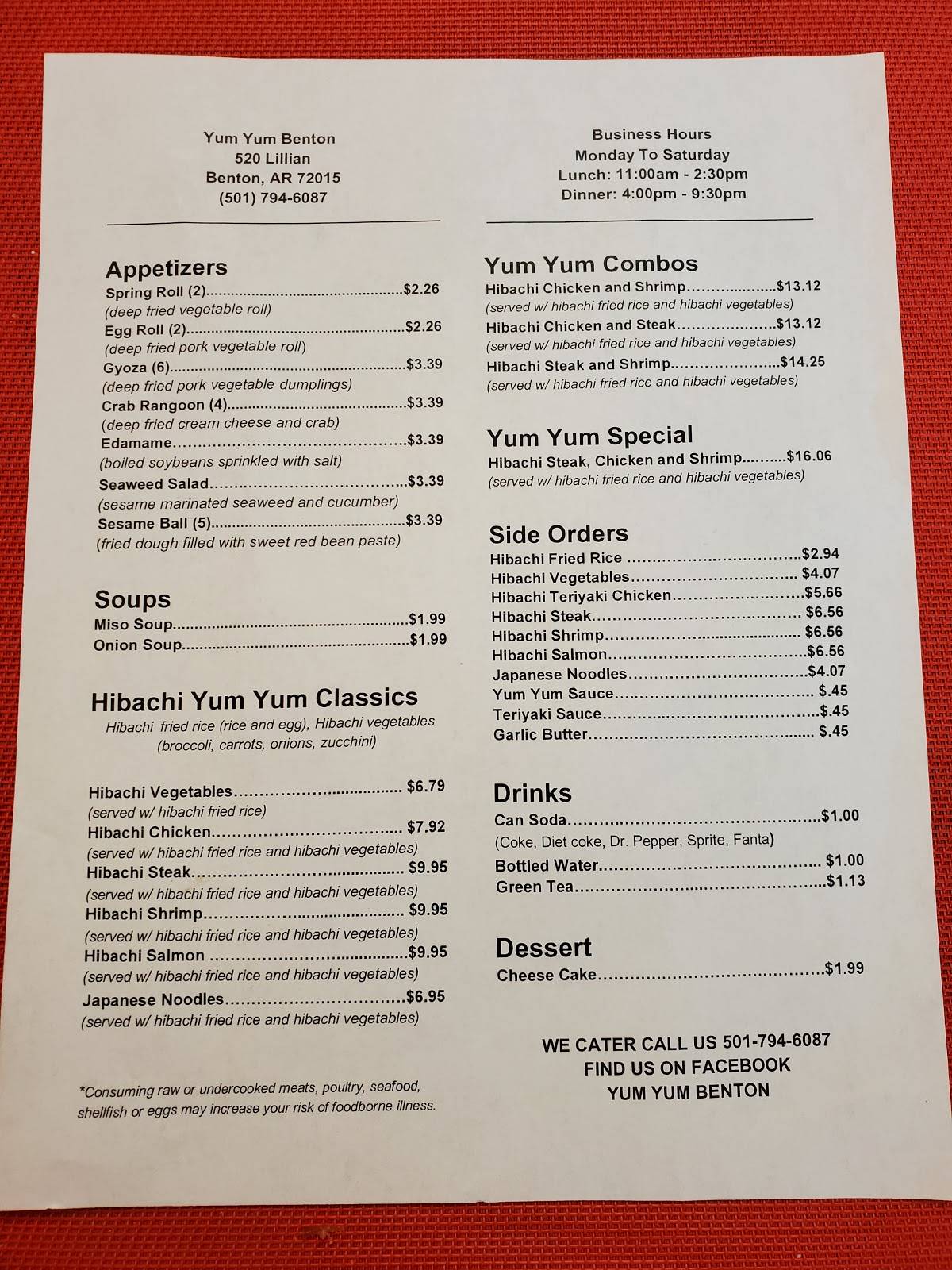 Menu at Yum Yum Benton restaurant, Benton