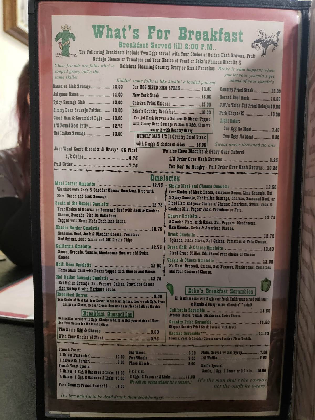 Menu at Zeke's Eatin' Place restaurant, Prescott