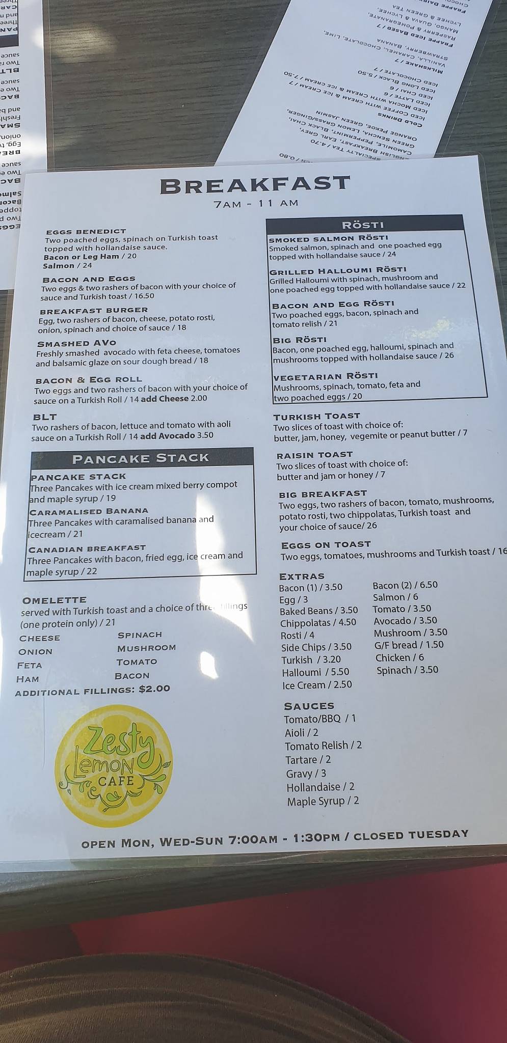 Menu at Zesty Lemon Cafe, Deception Bay
