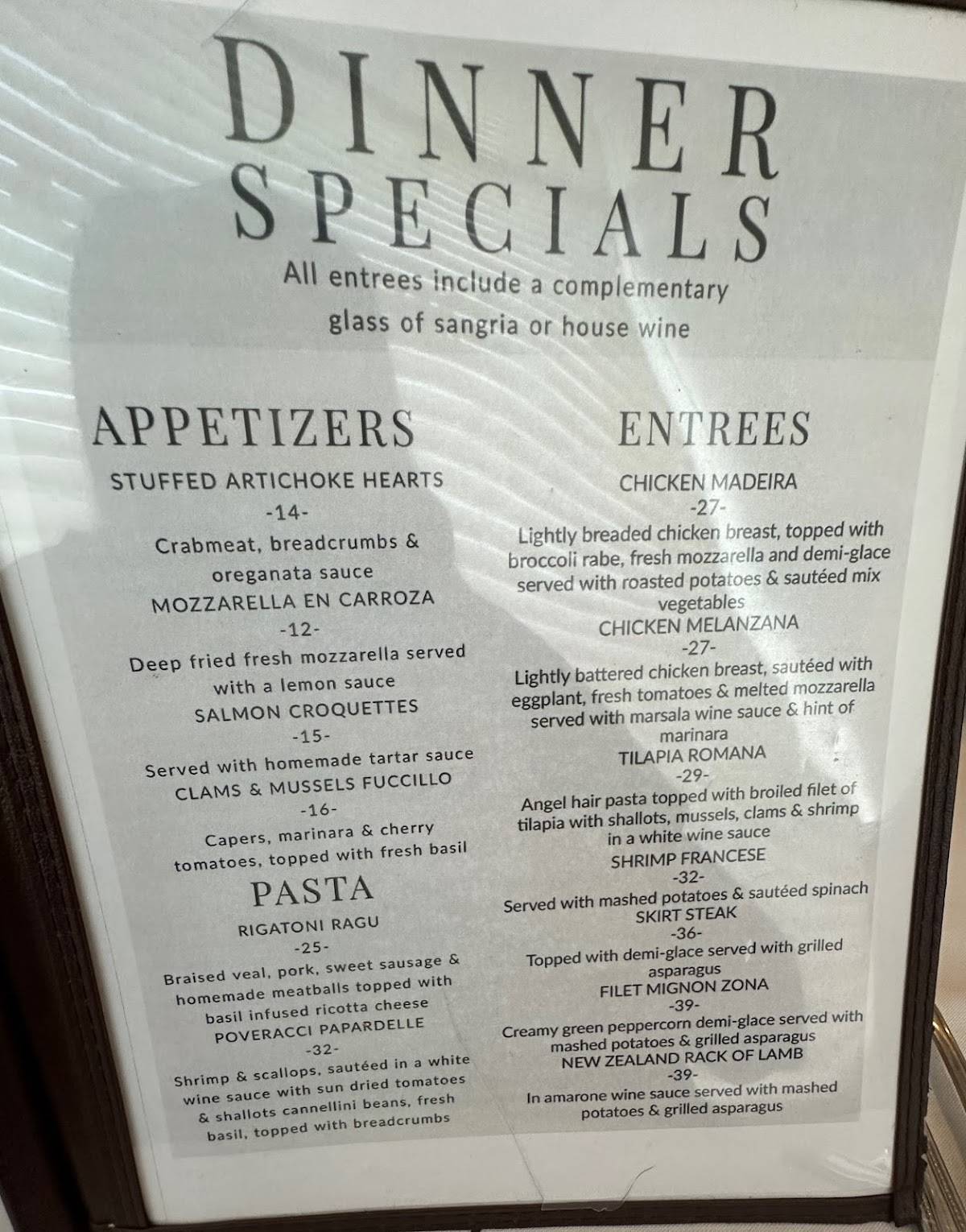 Menu at Zona Italian Restaurant, Massapequa Park
