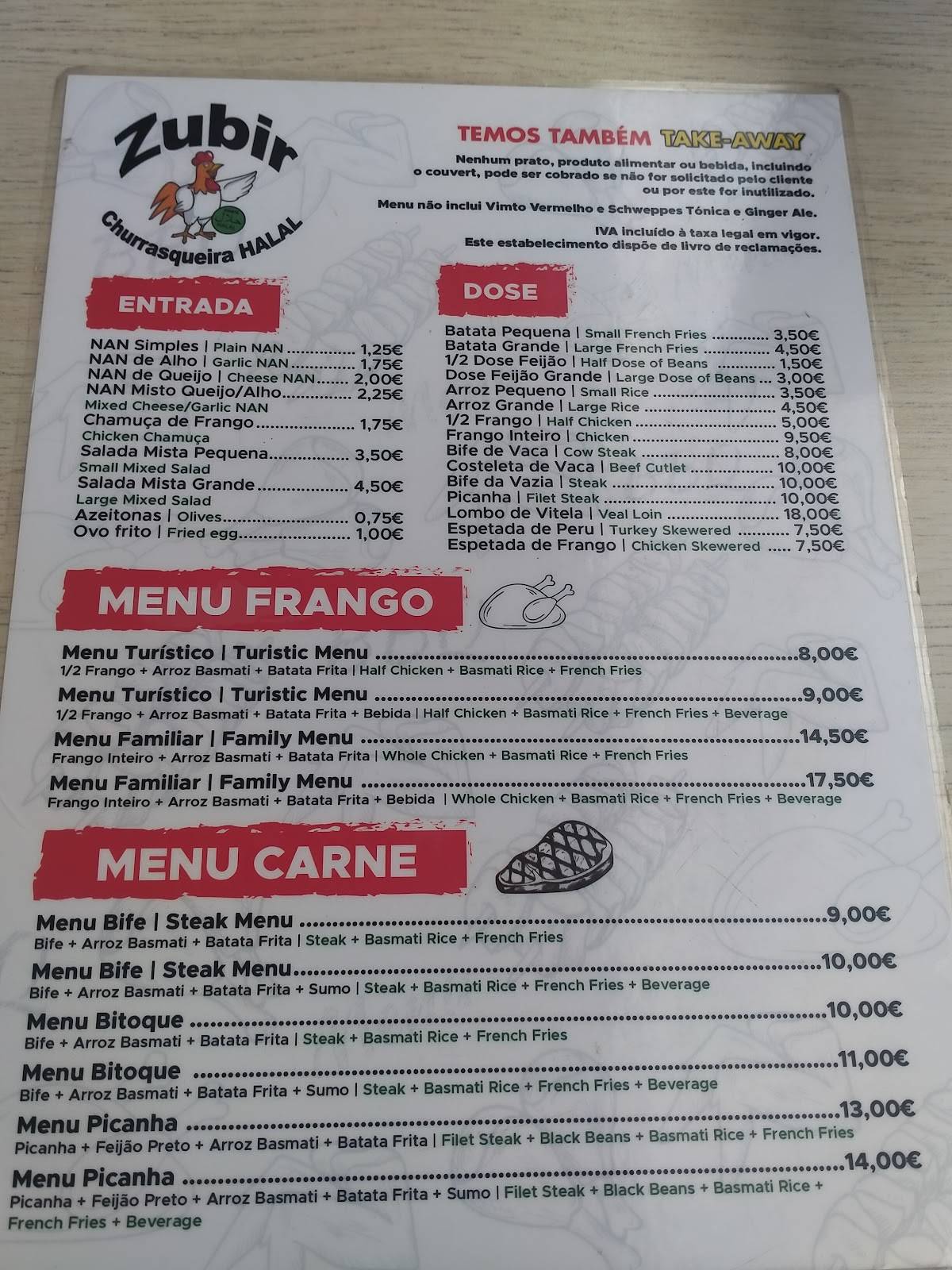 Menu at Zubir restaurant, Lisbon