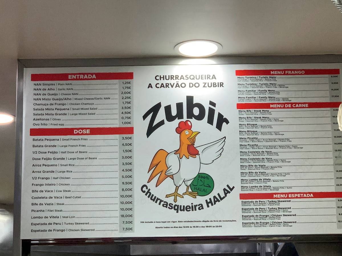 Menu at Zubir restaurant, Lisbon