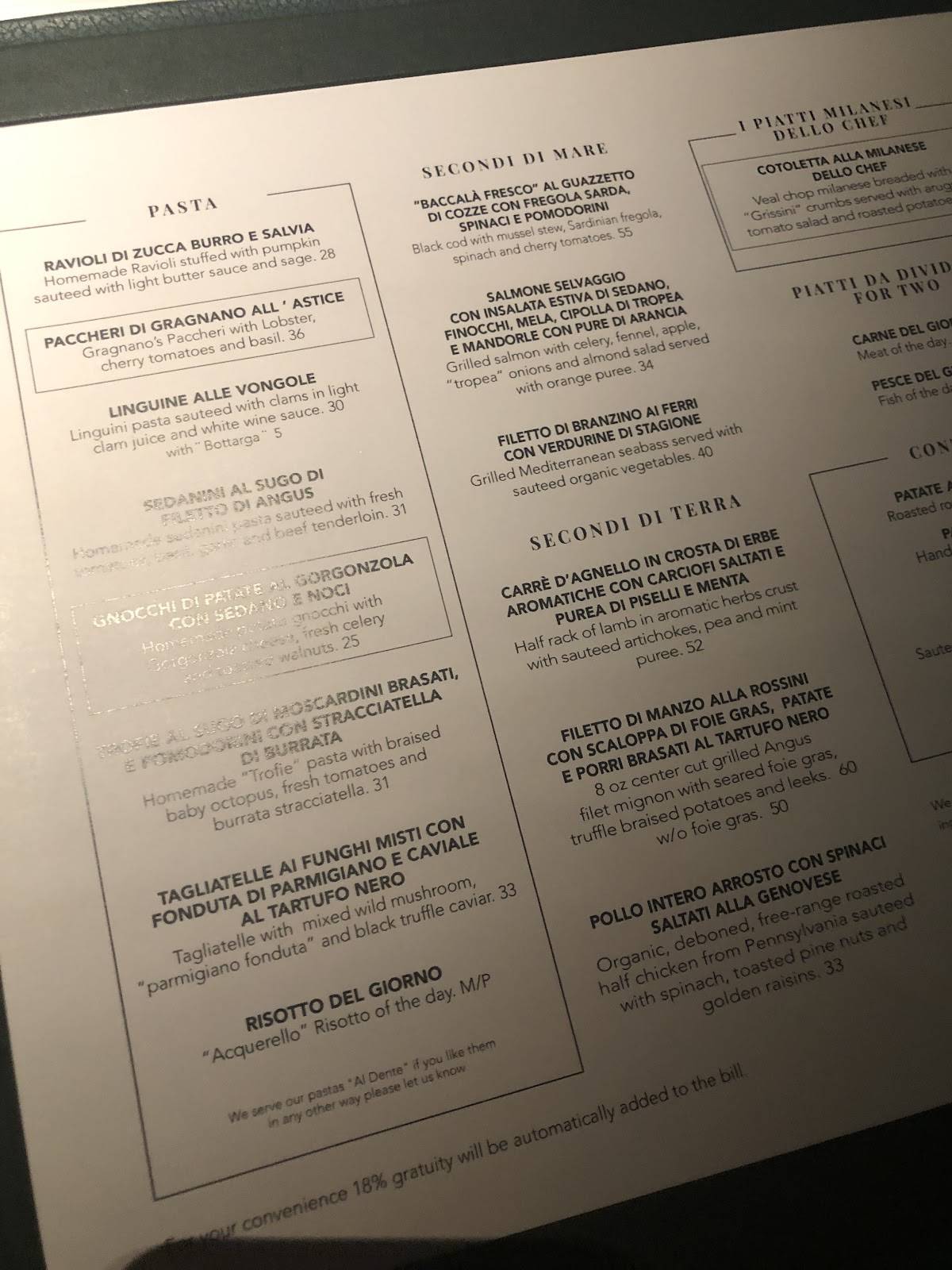 Menu at Zucca restaurant, Coral Gables