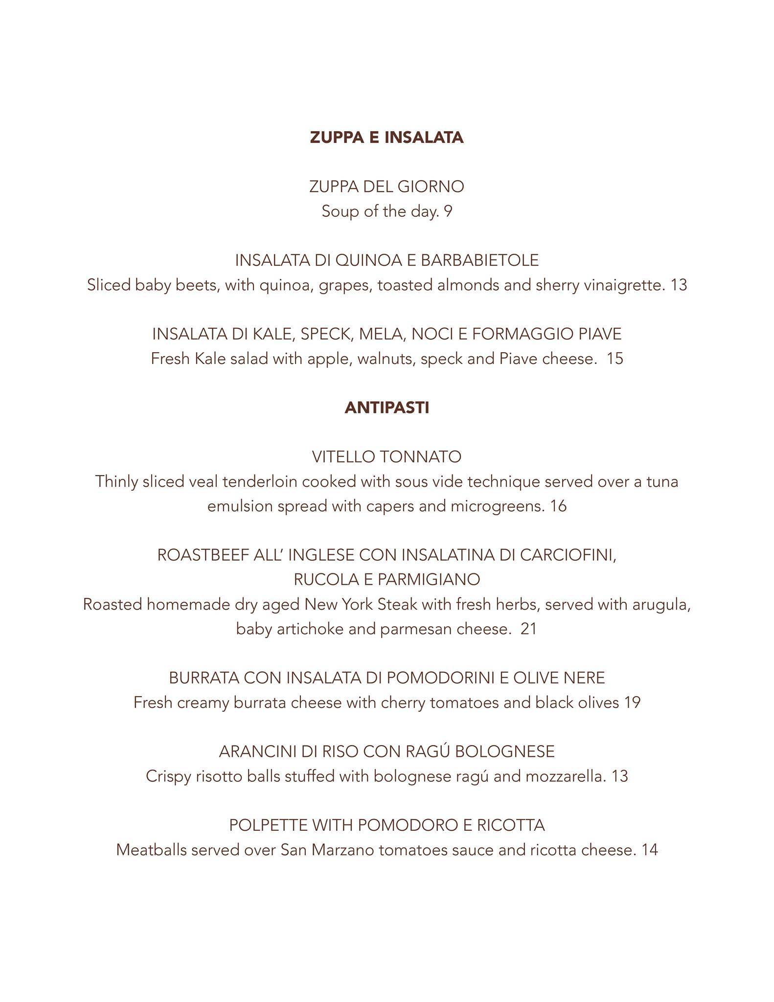 Menu at Zucca restaurant, Coral Gables