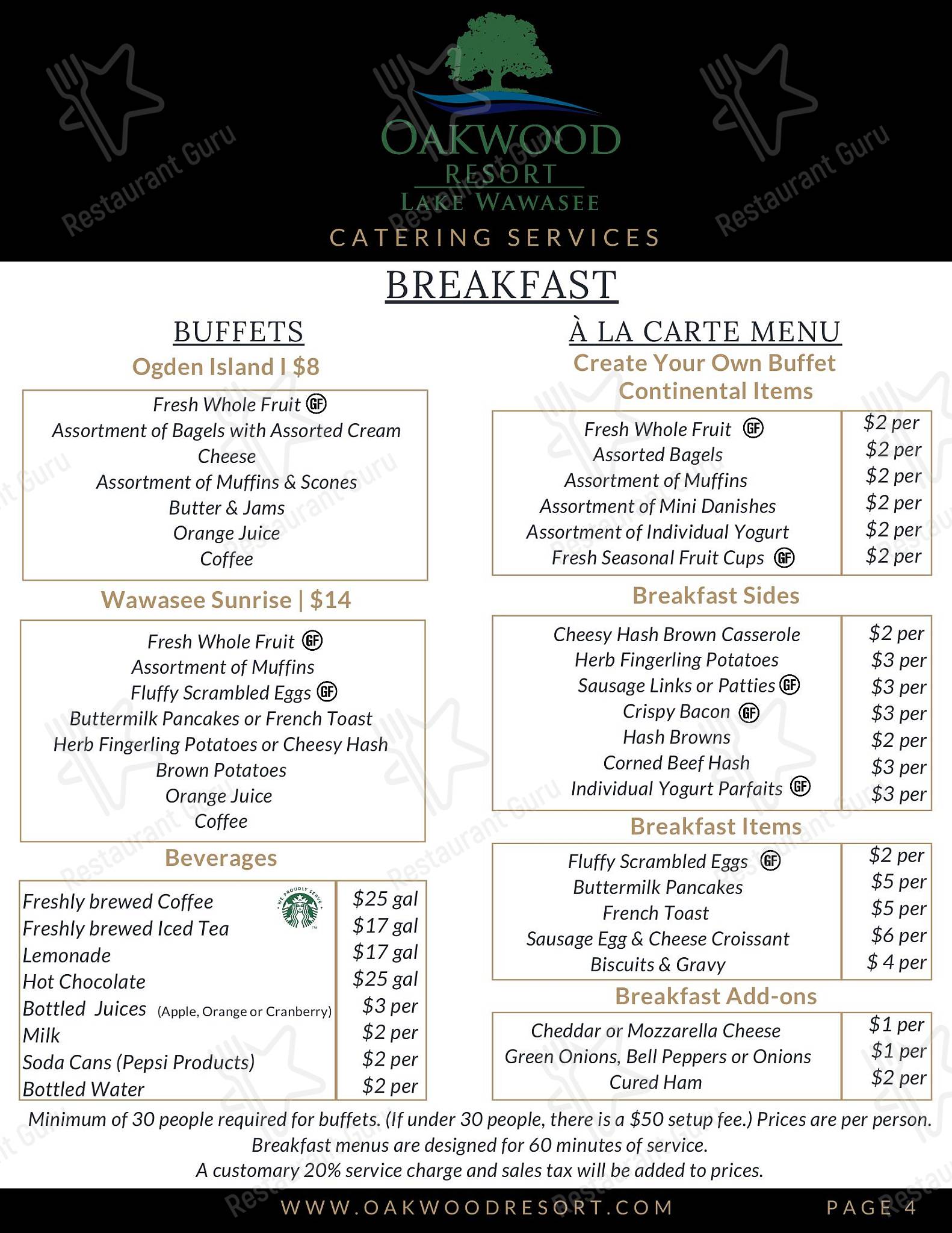 Menu at Oakwood Resort restaurant, Syracuse