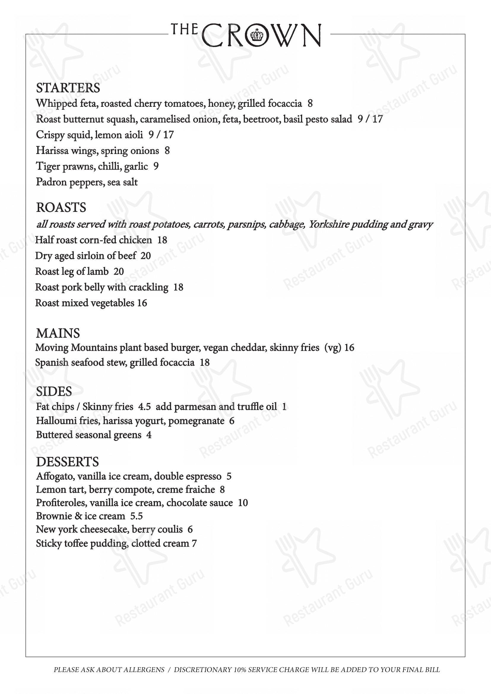 Menu at The Crown Inn pub & bar, Woodstock