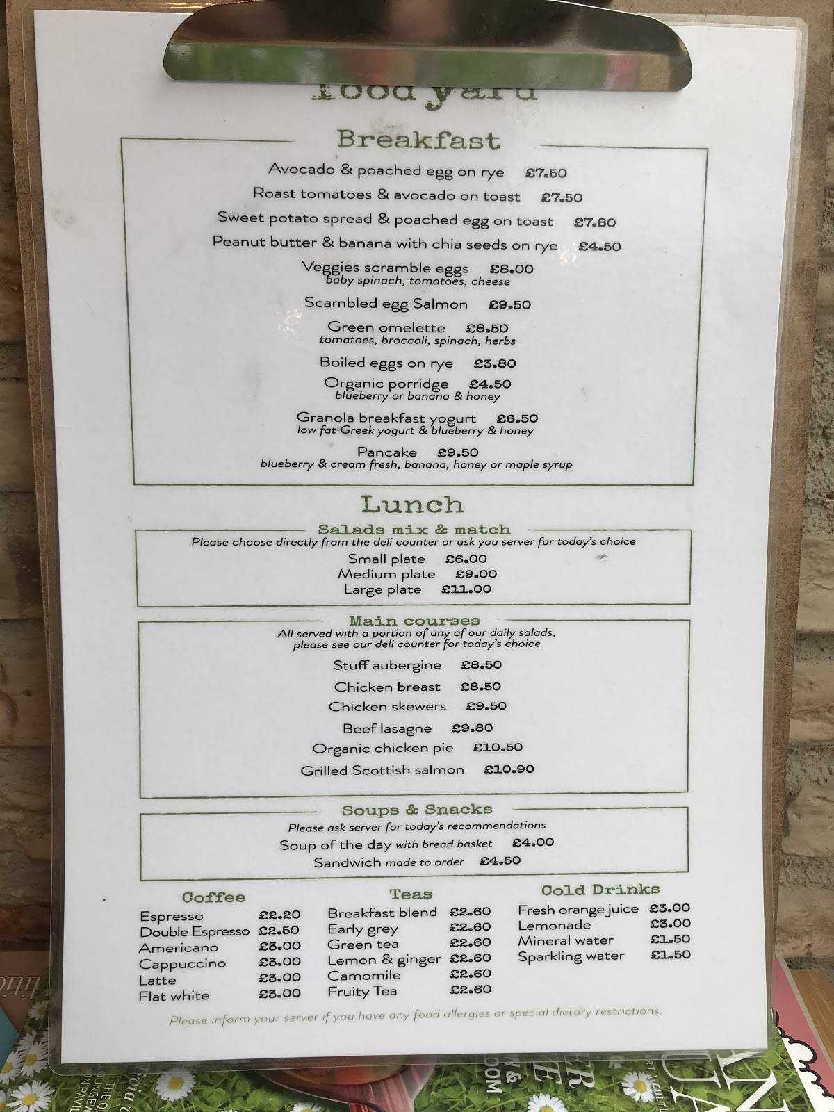 Menu at the food yard restaurant, London