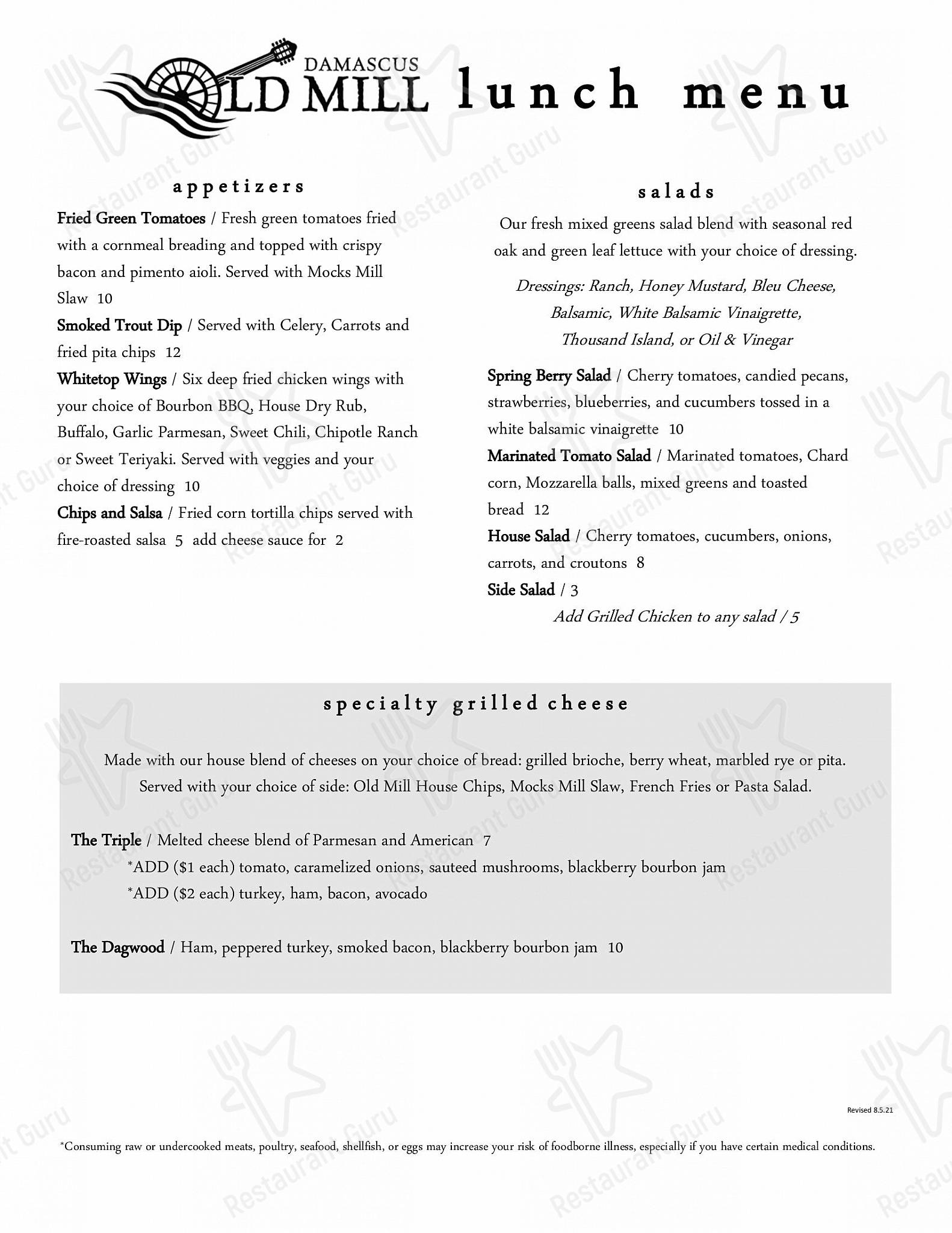 Menu at Damascus Old Mill Inn pub & bar, Damascus