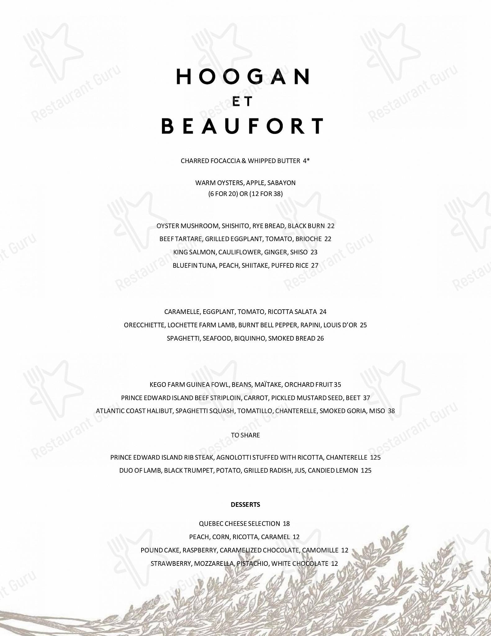 Menu au Hoogan et Beaufort restaurant, Montréal