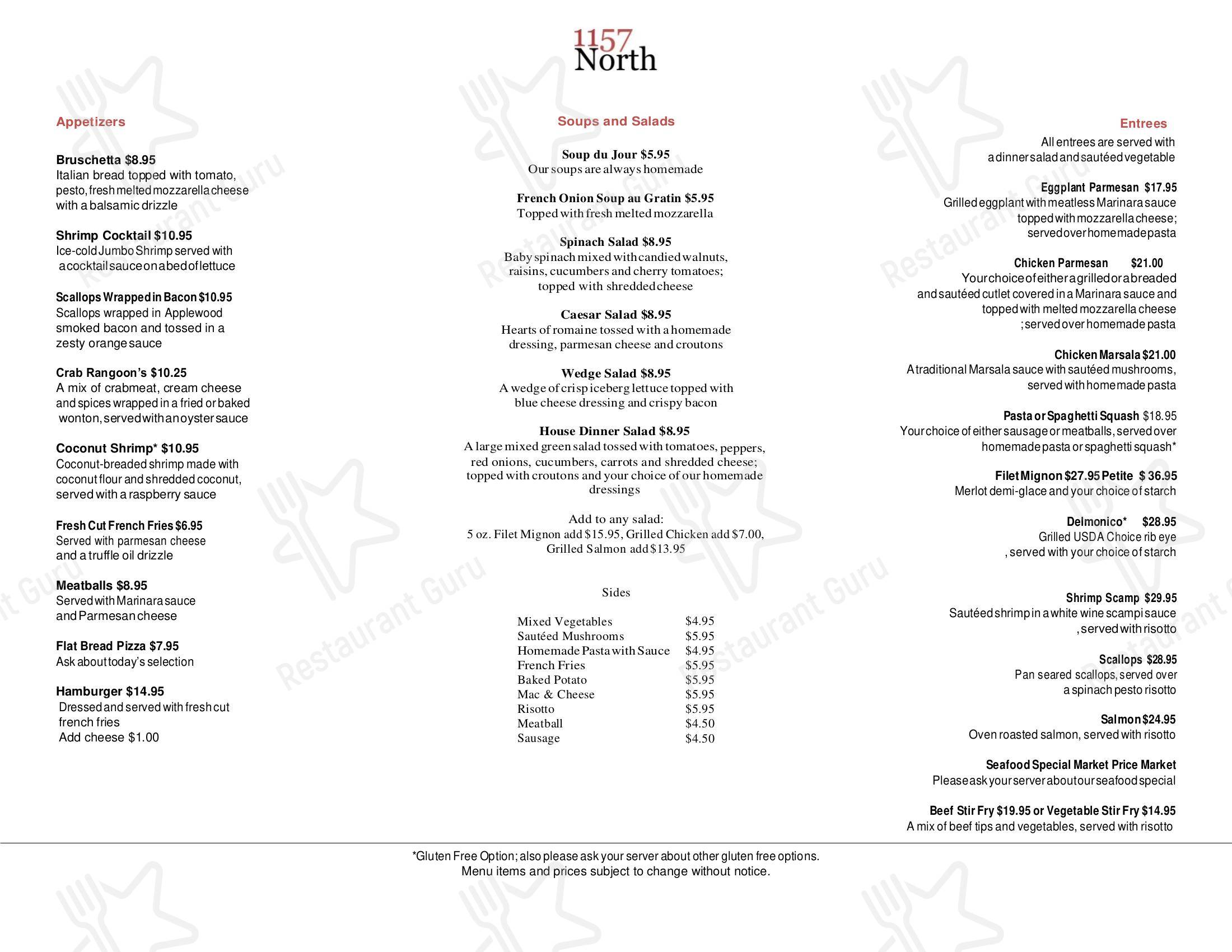 Menu at 1157 North restaurant, Elmira