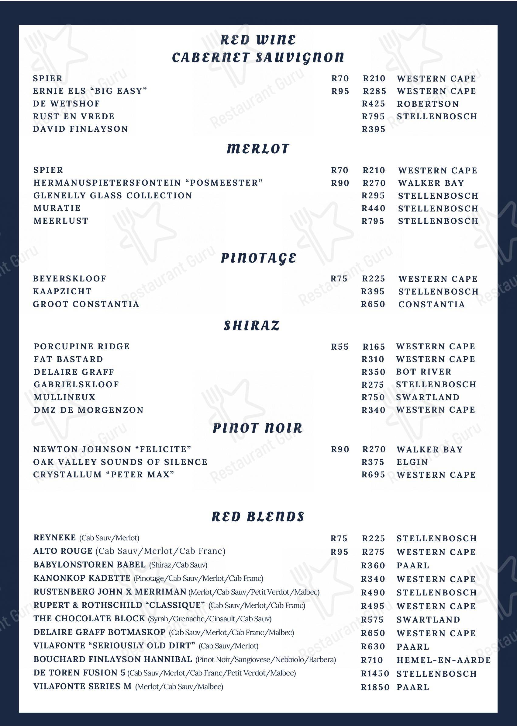 Menu at BELLAGIO restaurant, Johannesburg, Unit 1
