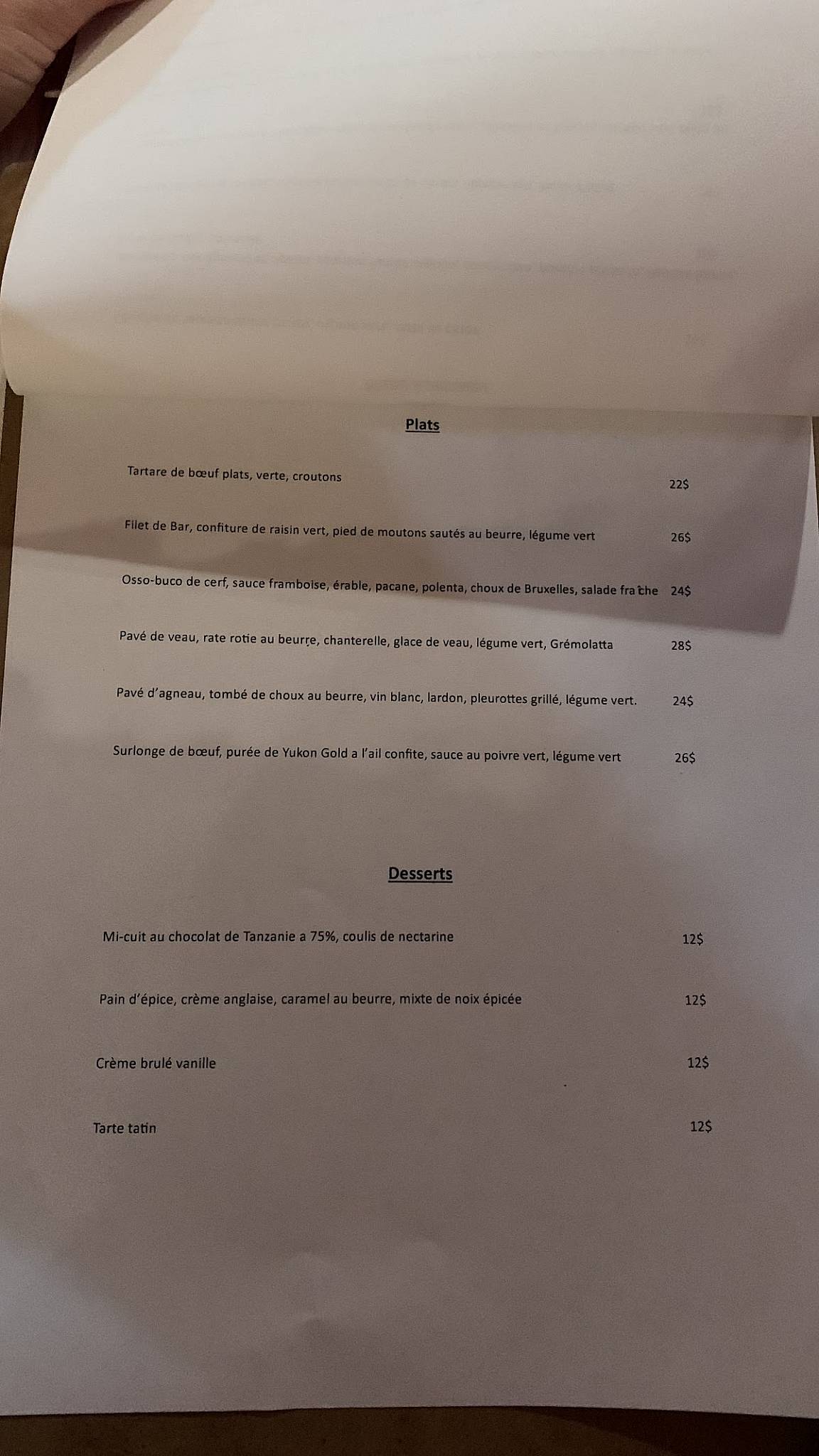 Menu at , Montréal