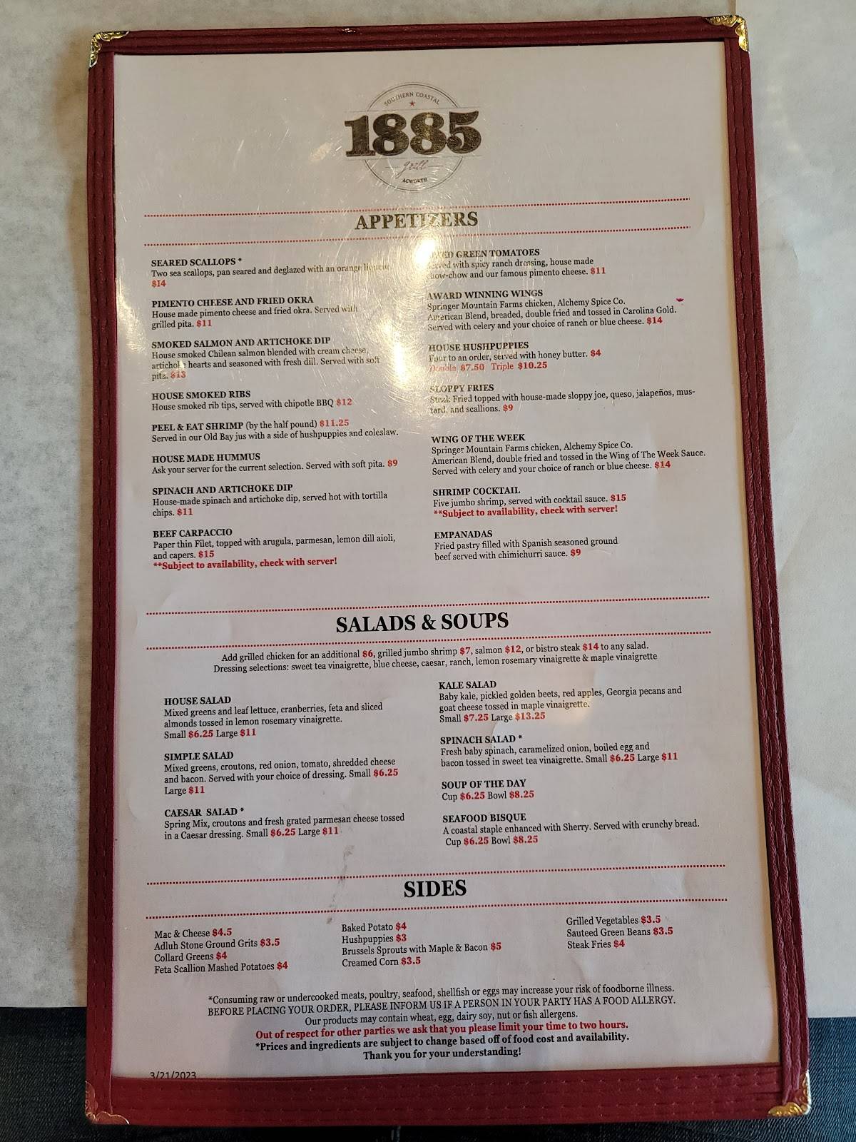 Menu at 1885 Grill- Acworth steakhouse, Acworth