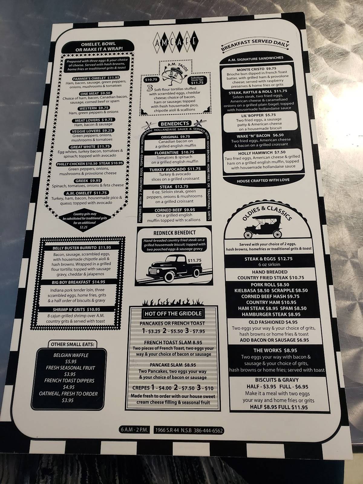 Menu at A.M. Cafe, New Smyrna Beach