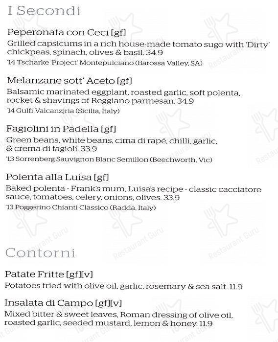 Menu at Chianti restaurant, Adelaide
