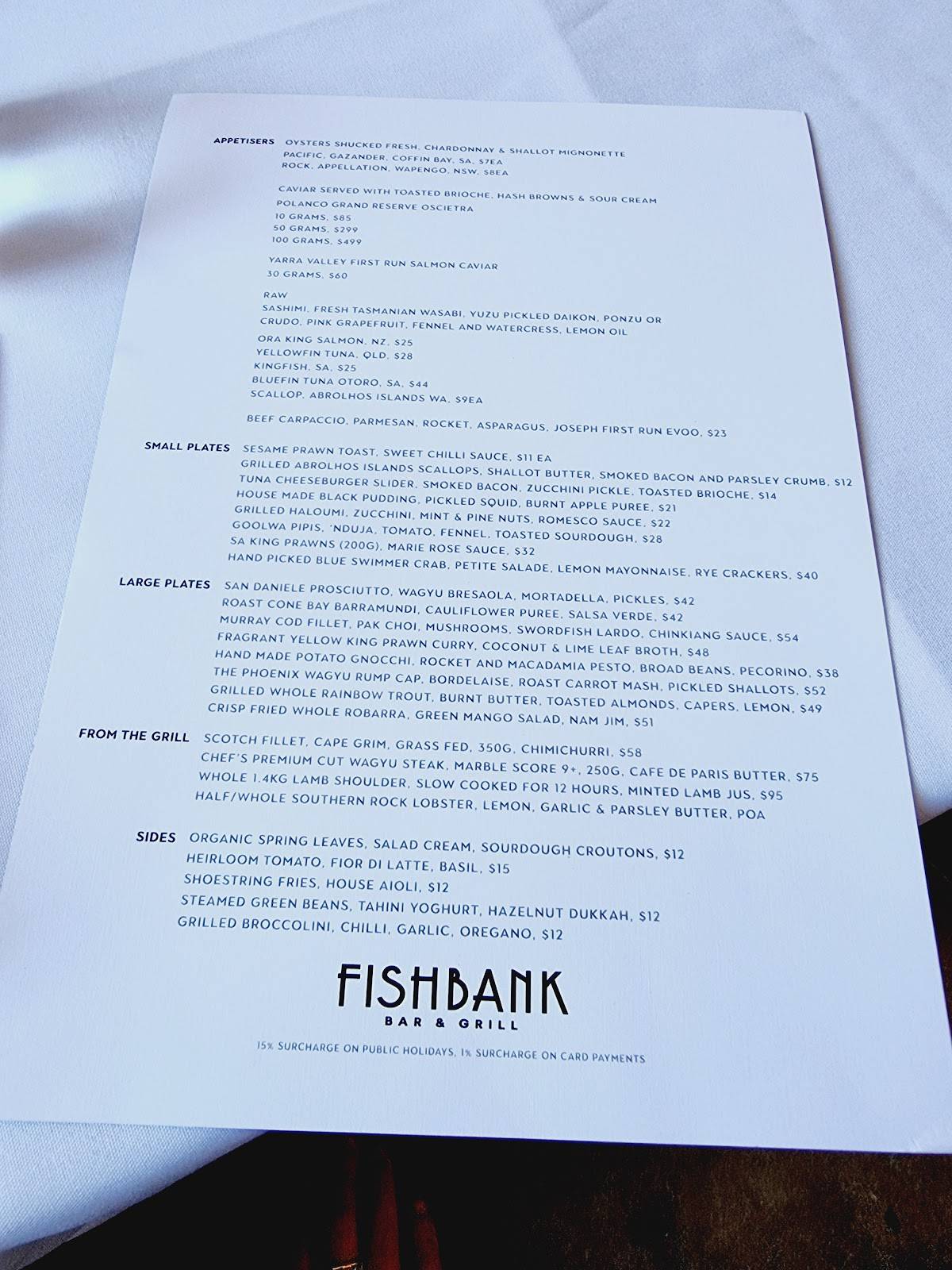 Menu at Fishbank Bar & Grill, Adelaide