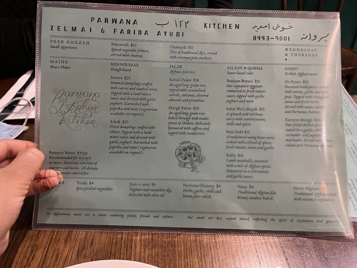 Menu at Parwana Afghan Kitchen restaurant, Torrensville