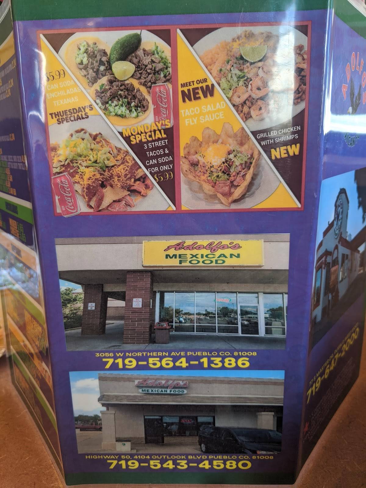 Menu at Adolfo's Mexican Food restaurant, Pueblo West