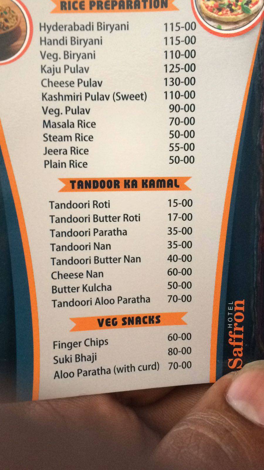 Menu at Saffron Restaurant, Changodar, WCFV+VGQ