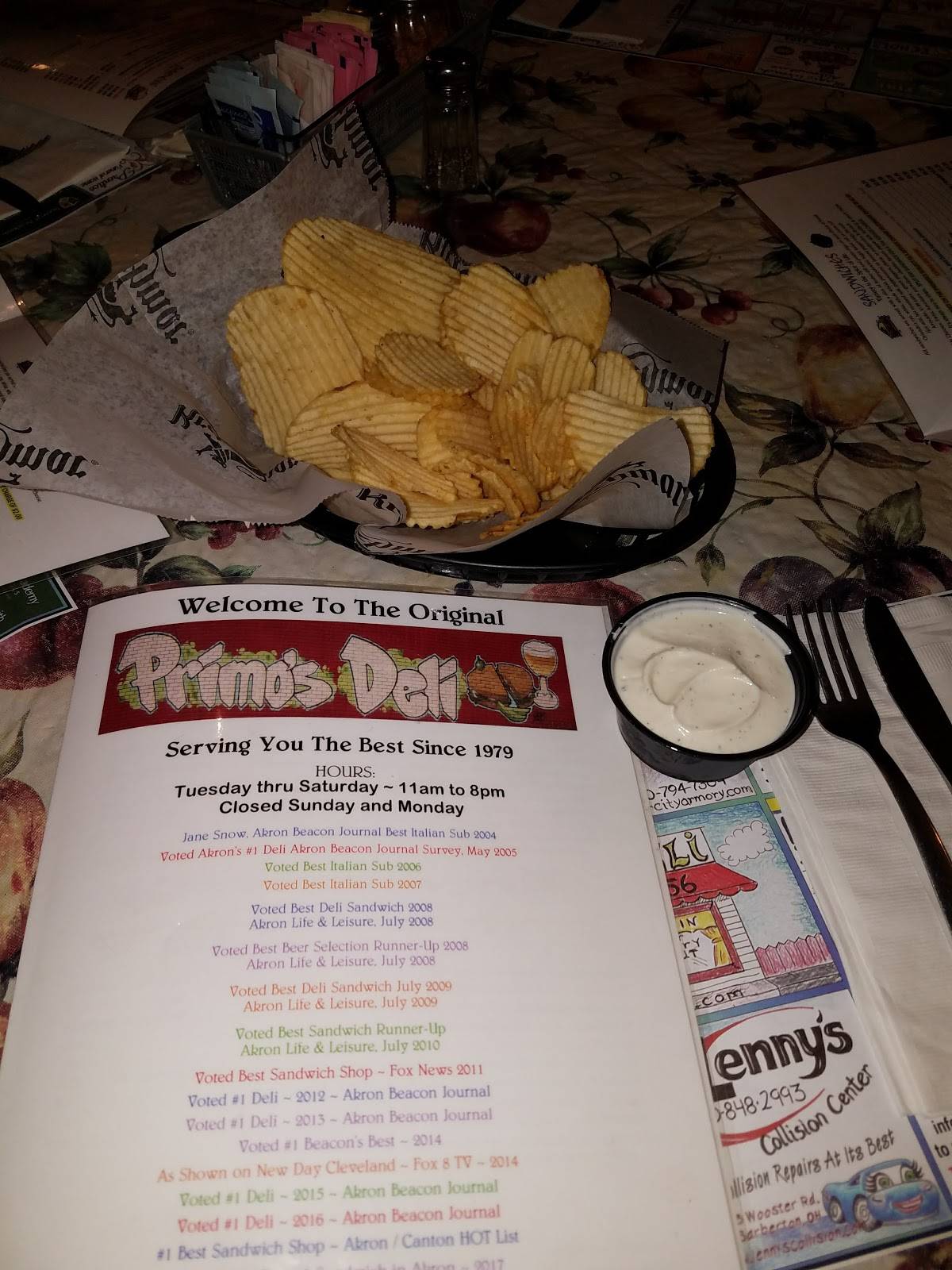 Menu at Primo's Deli restaurant, Akron