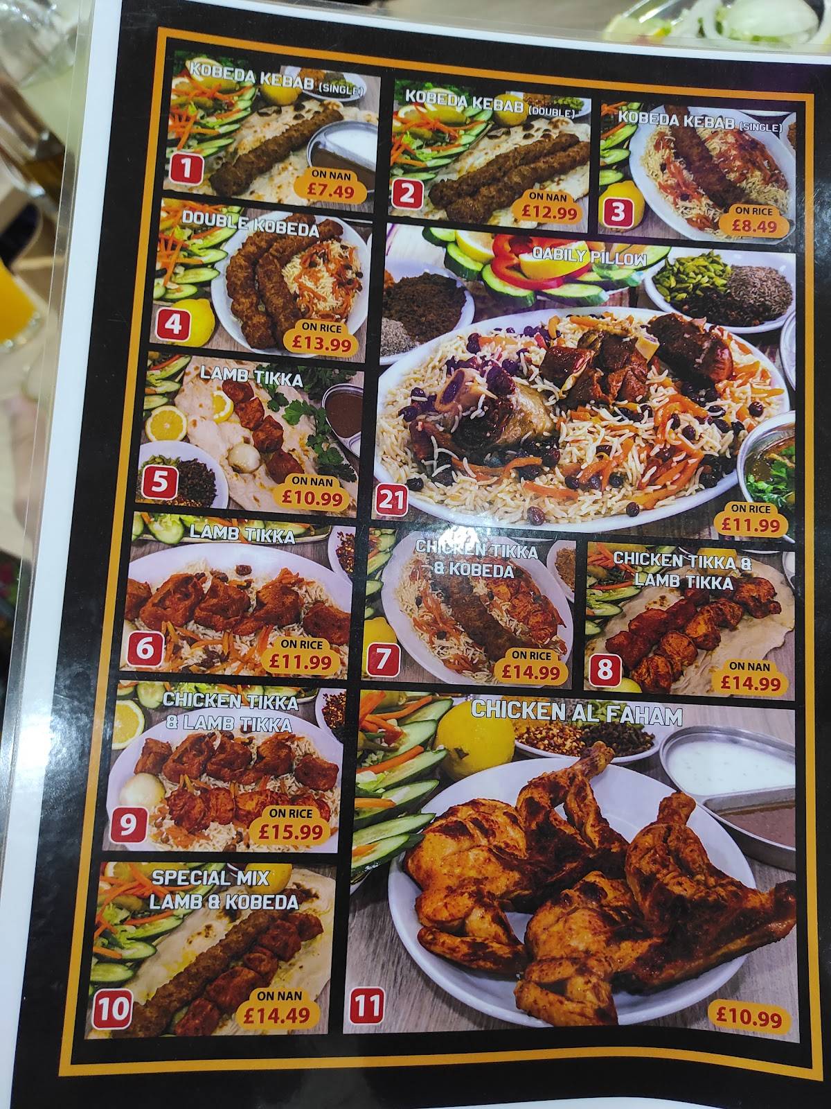 Menu at Al Jazeera Restaurant, Manchester
