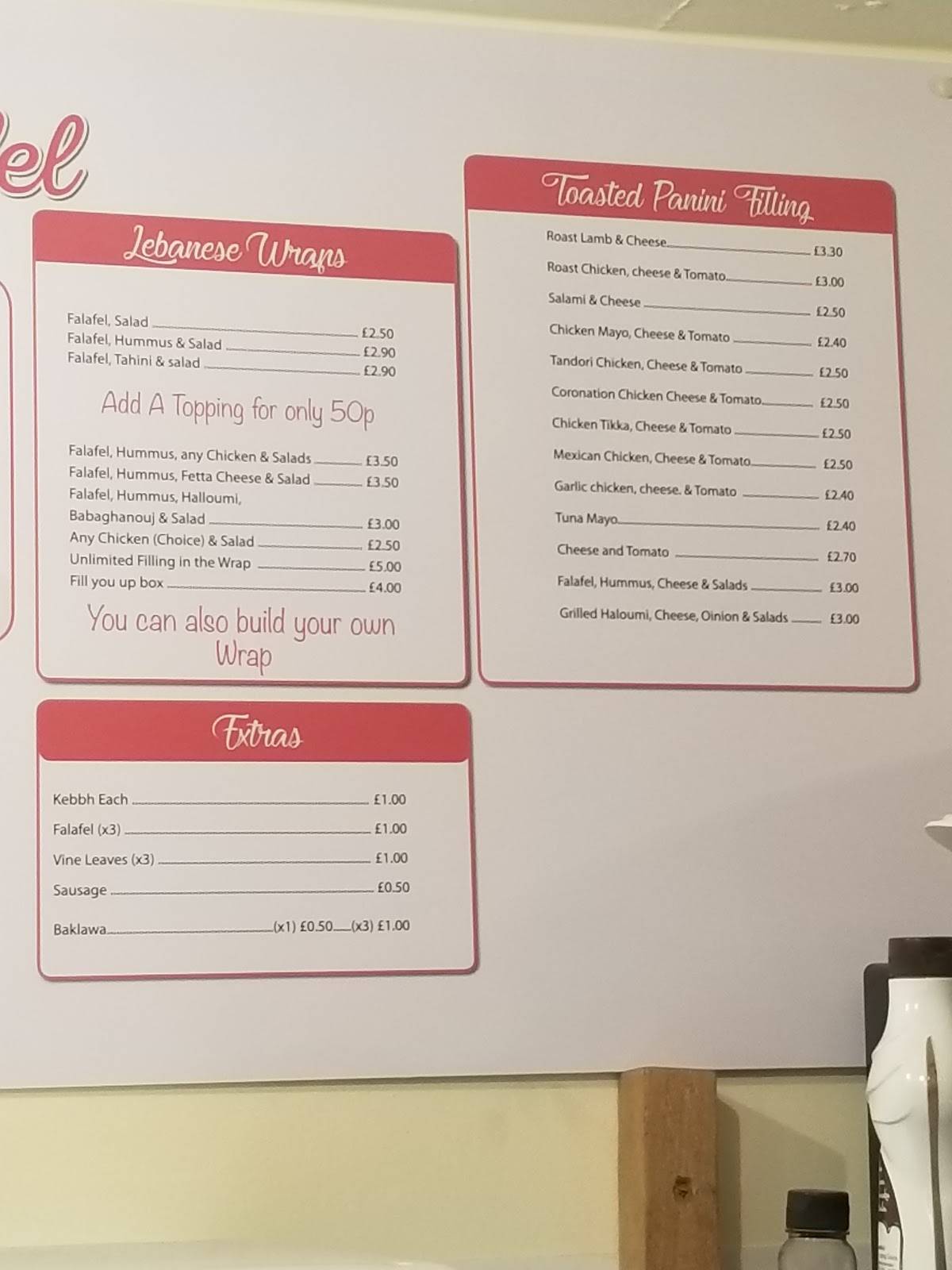 Menu at Aleppo's Falafel restaurant, Oxford, 116b Cowley Rd