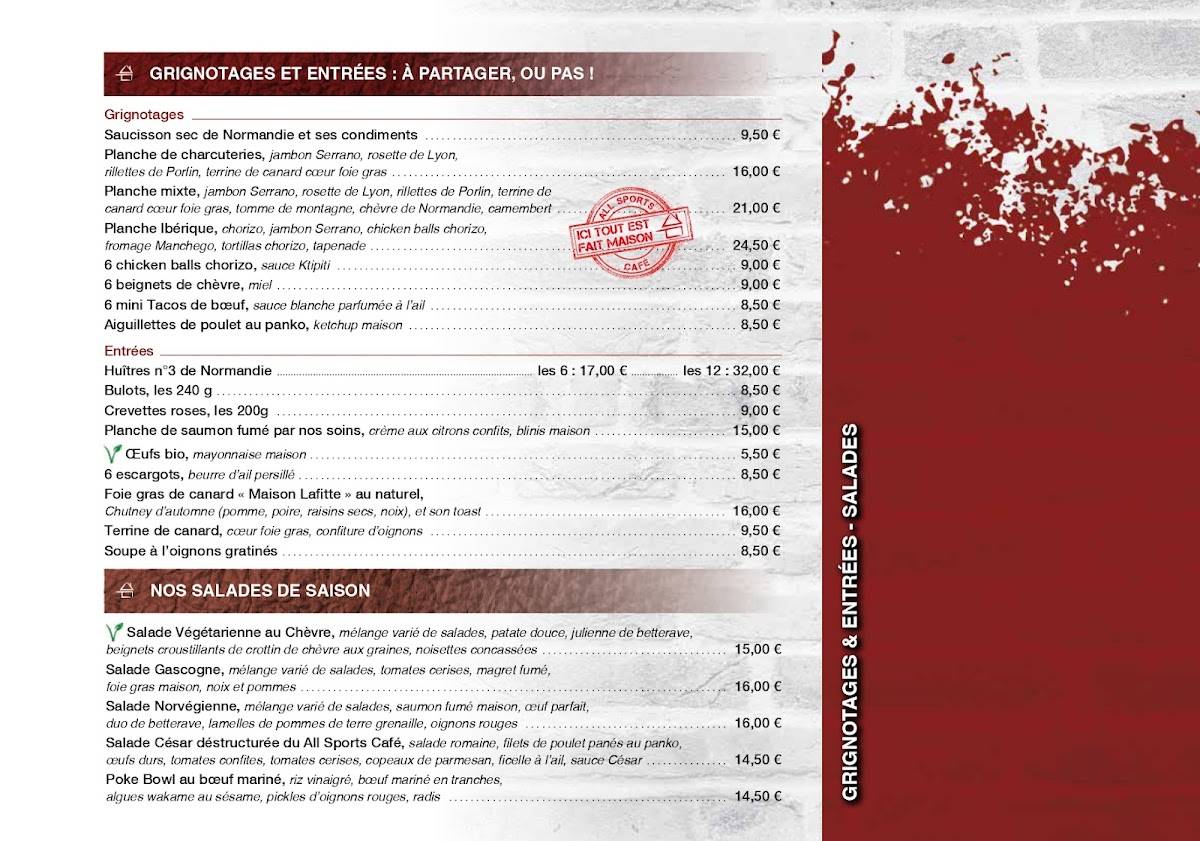 Menu au All Sports Café, Rouen