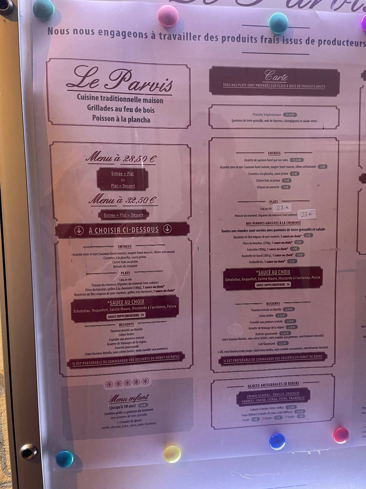 Menu at Le Parvis steakhouse, Amboise