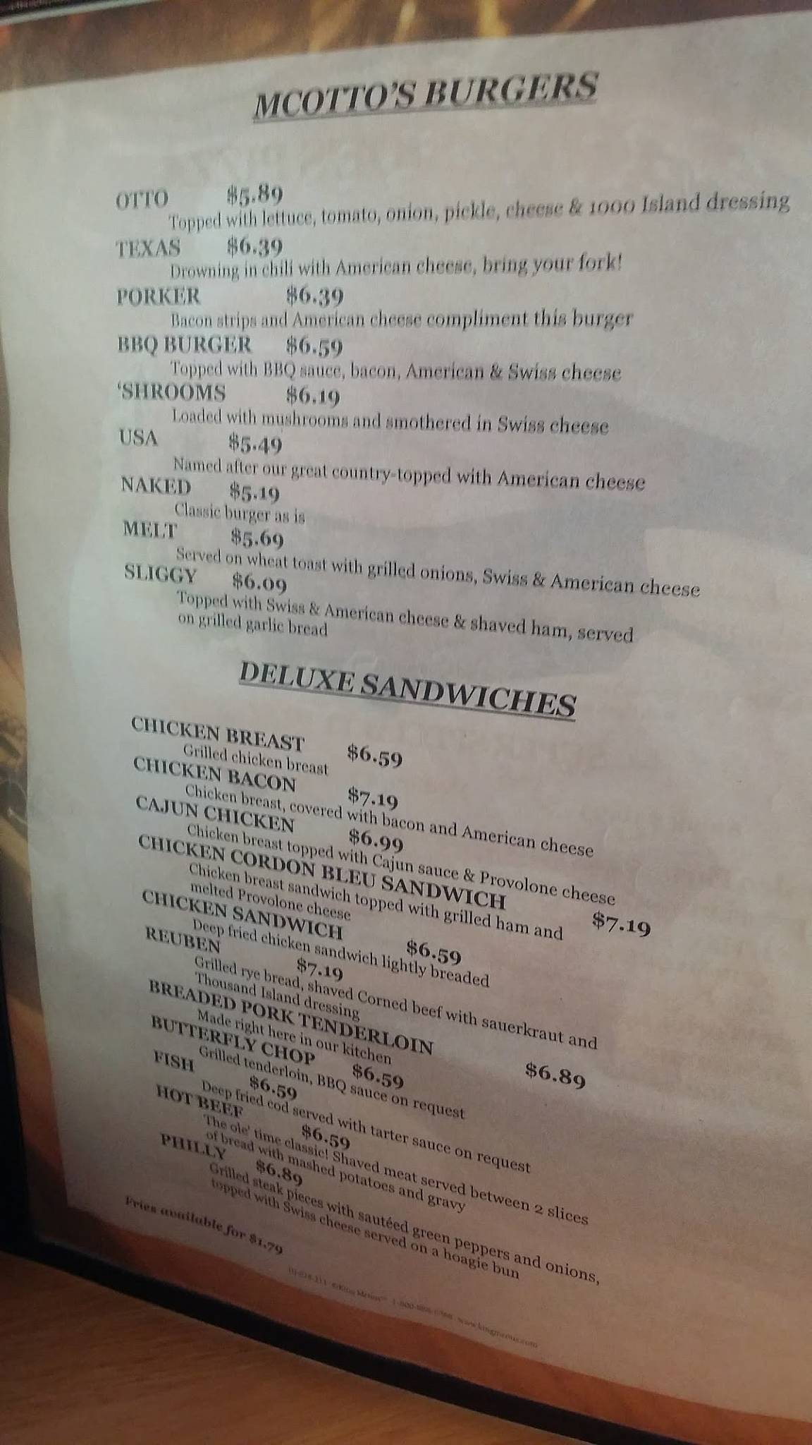 Menu at McOtto's pizzeria, Anamosa