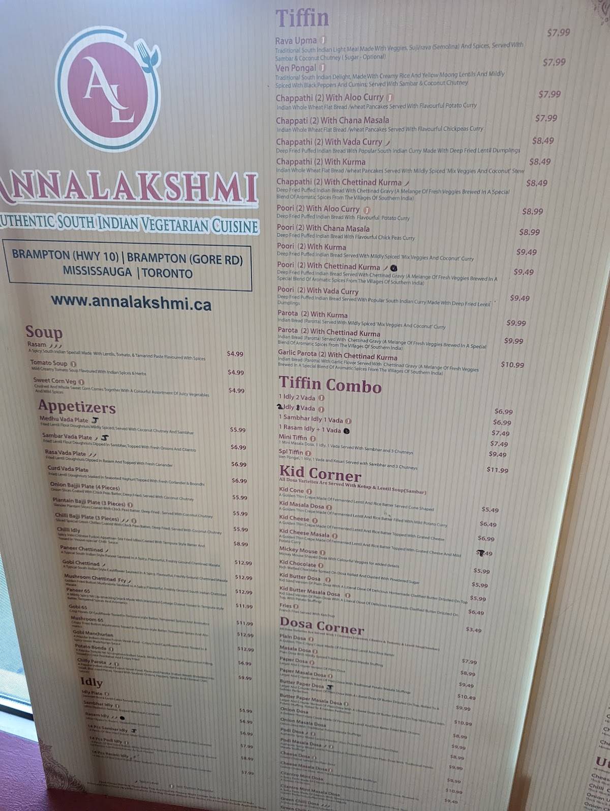Menu at Annalakshmi Gore desserts, Brampton, The Gore Rd Unit 21
