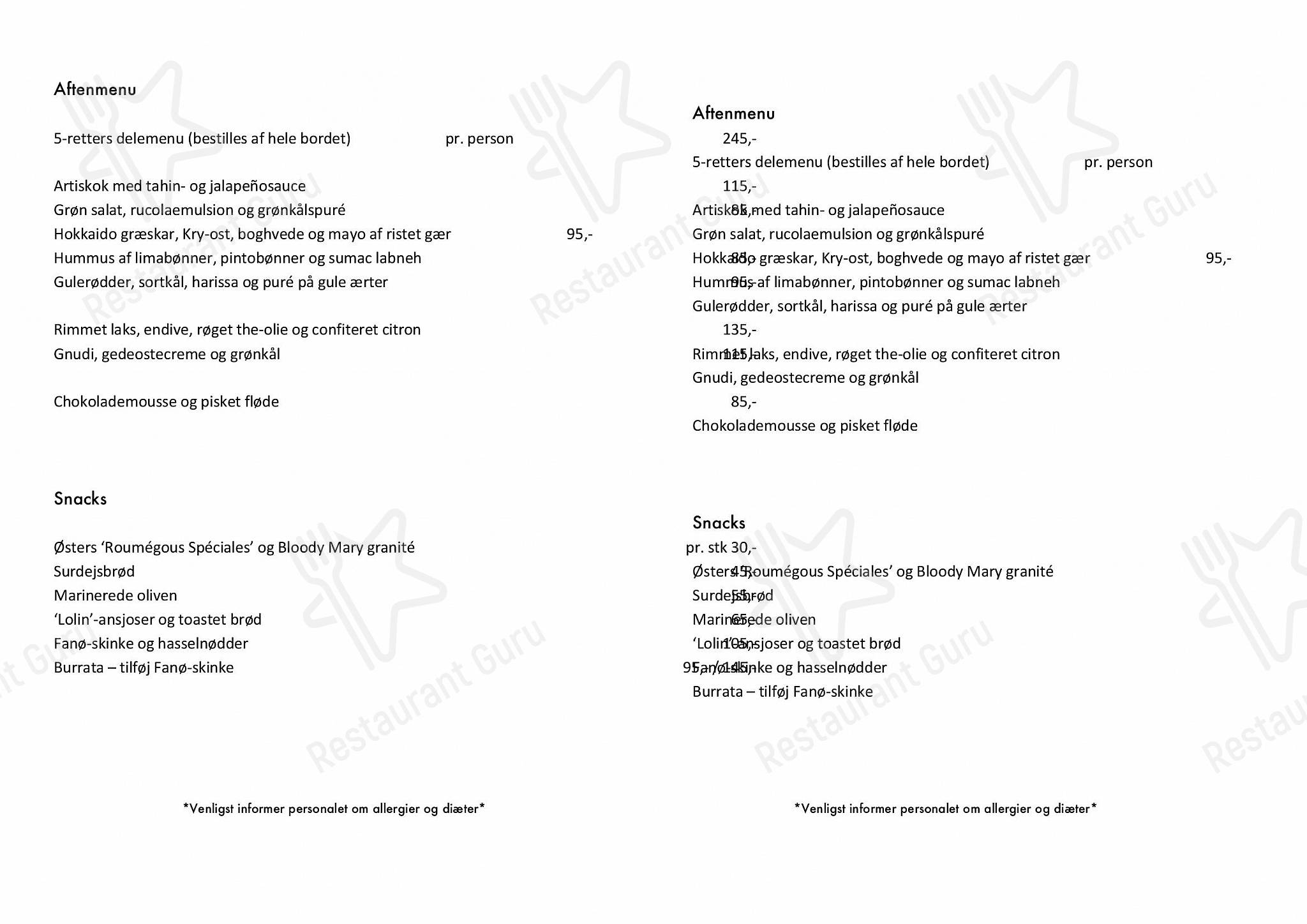 Menu at Apollo Bar, Copenhagen