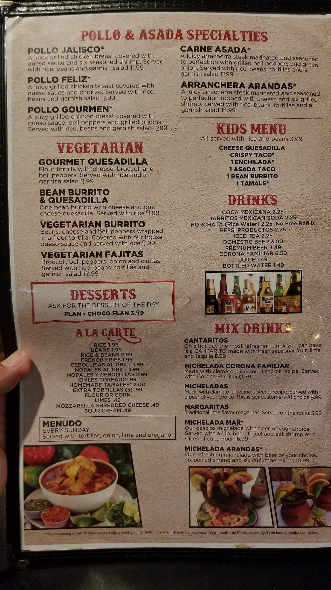Menu at Arandas Tacos restaurant, Branson