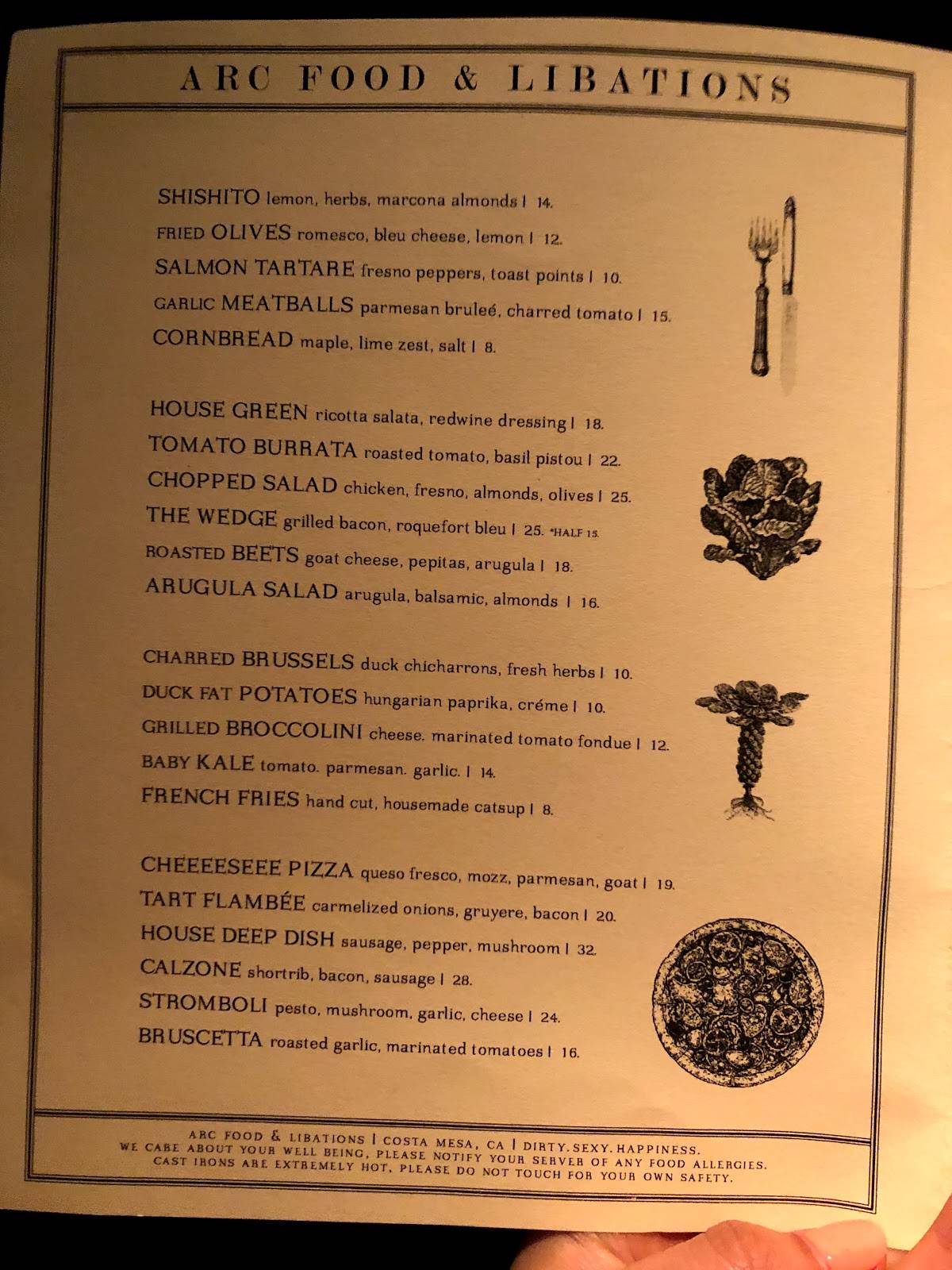Menu at Arc Food & Libations pub & bar, Costa Mesa