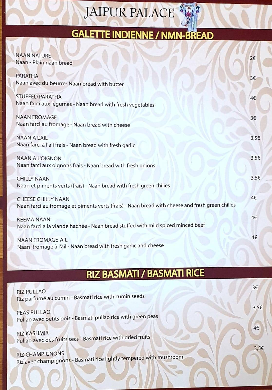Menu au Restaurant indien Jaipur Palace, Arles