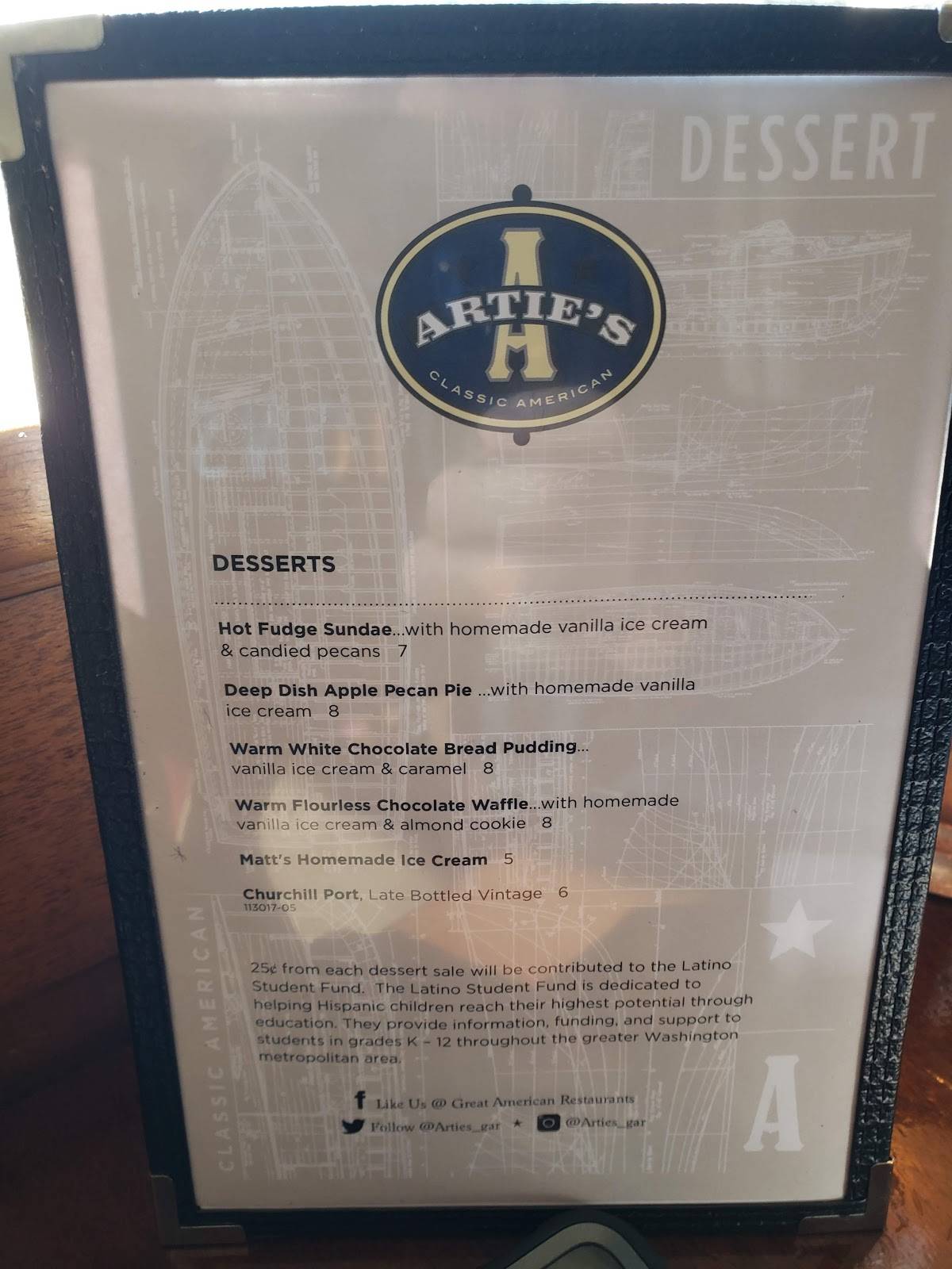 Menu at Artie's steakhouse, Fairfax
