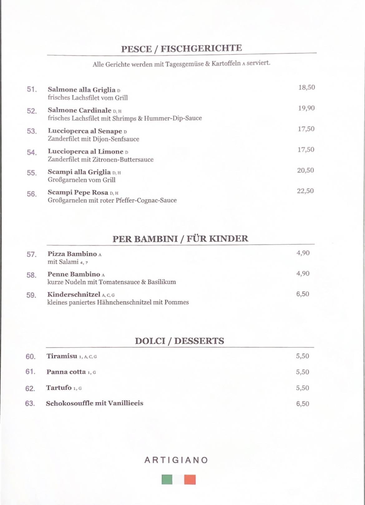 Speisekarte von Artigiano restaurant, Nauen