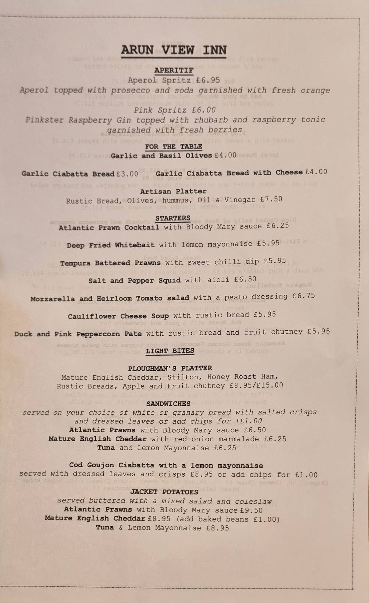 Menu at Arun View Inn pub & bar, Littlehampton
