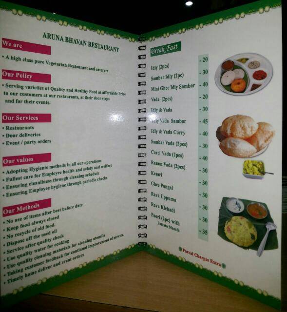 Menu at Aruna Bhawan Restaurant, Chennai, Thulukanathamman Temple