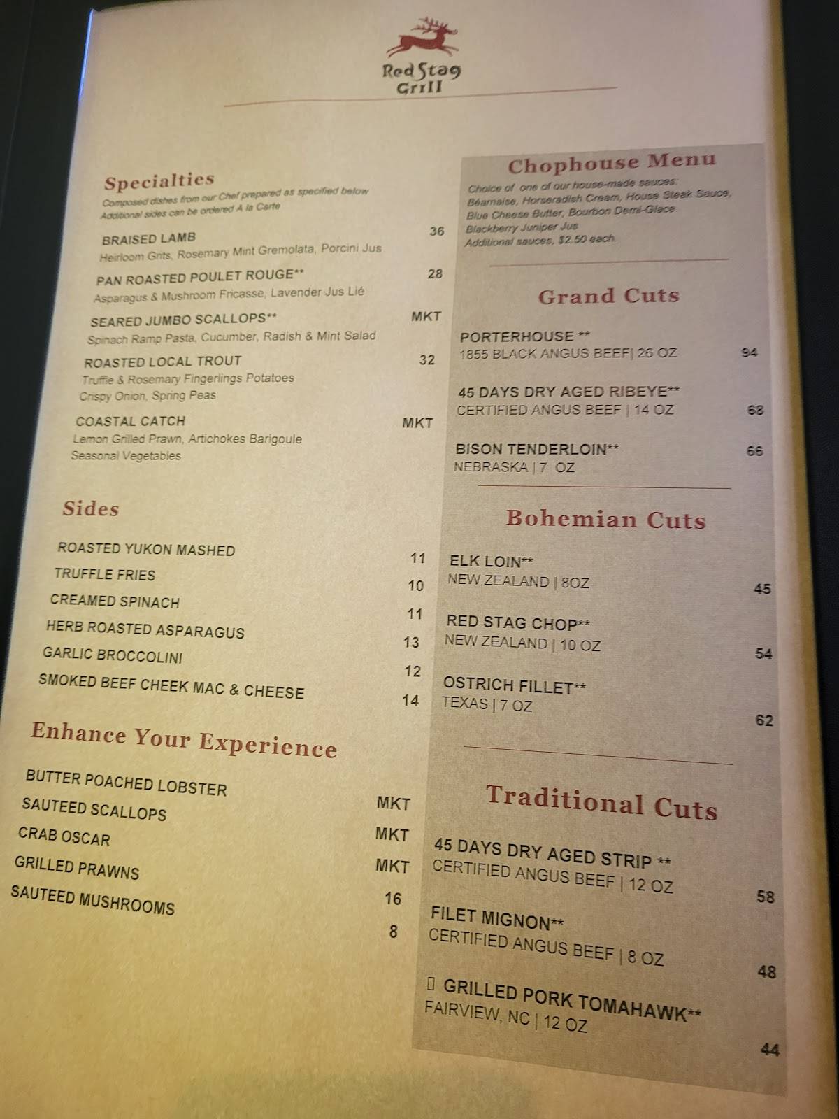 Menu at Red Stag Grill restaurant, Asheville
