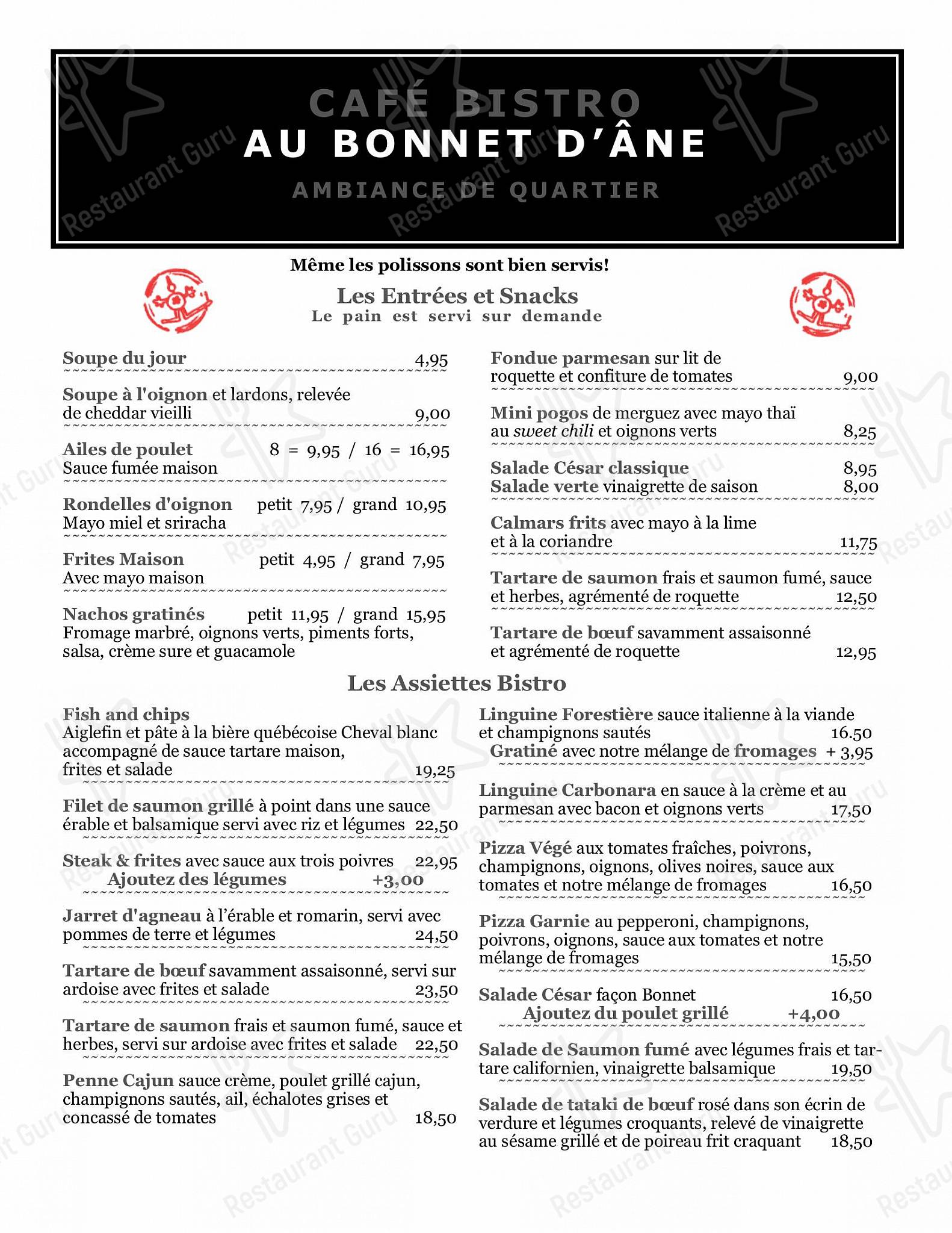 Menu au Cafe-Bistro Au Bonnet D'âne, Québec, 298 Rue Saint Jean