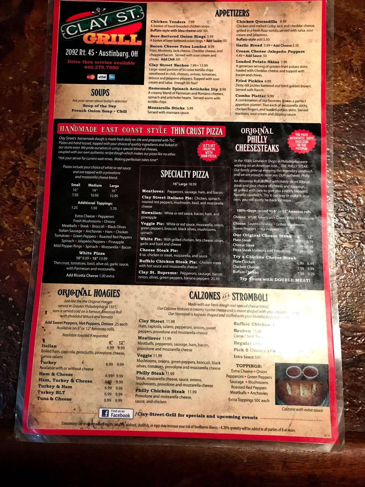 Menu at Clay Street Grill pub & bar, Austinburg