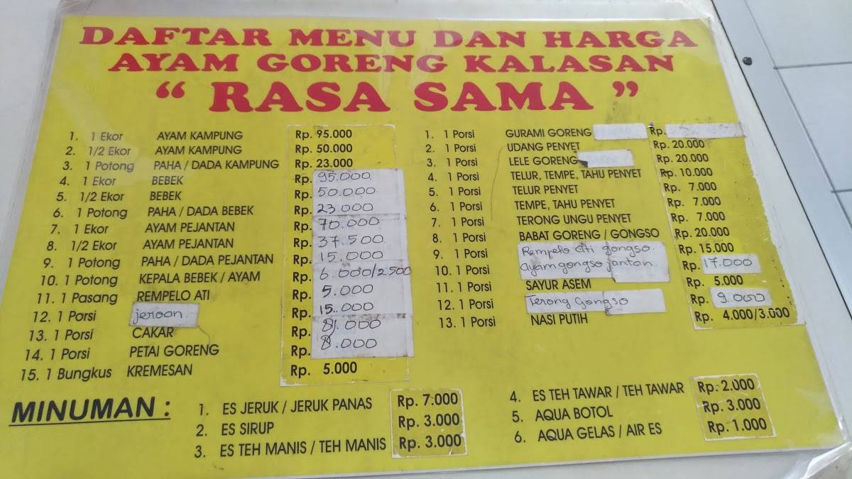 Menu at Ayam Kalasan RASA SAMA restaurant, Semarang, Jl. Mayjend Sutoyo ...