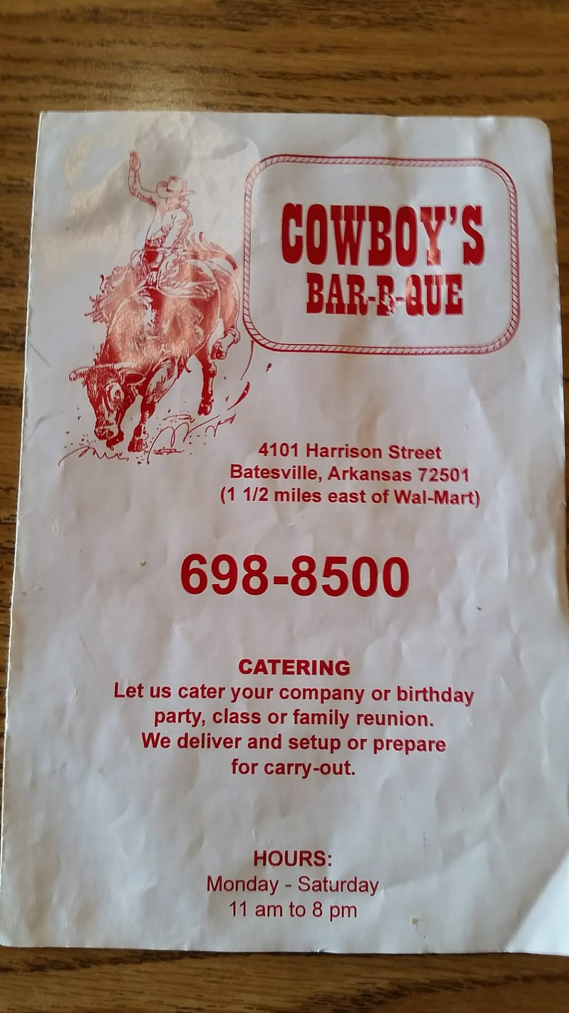 Menu at Cowboy's Barbecue, Batesville