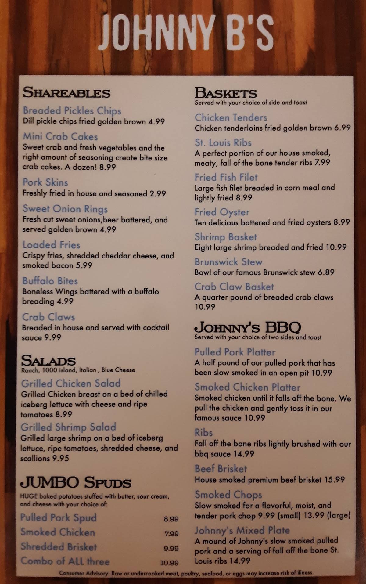 Menu at Johnny Bs BBQ, Ashford