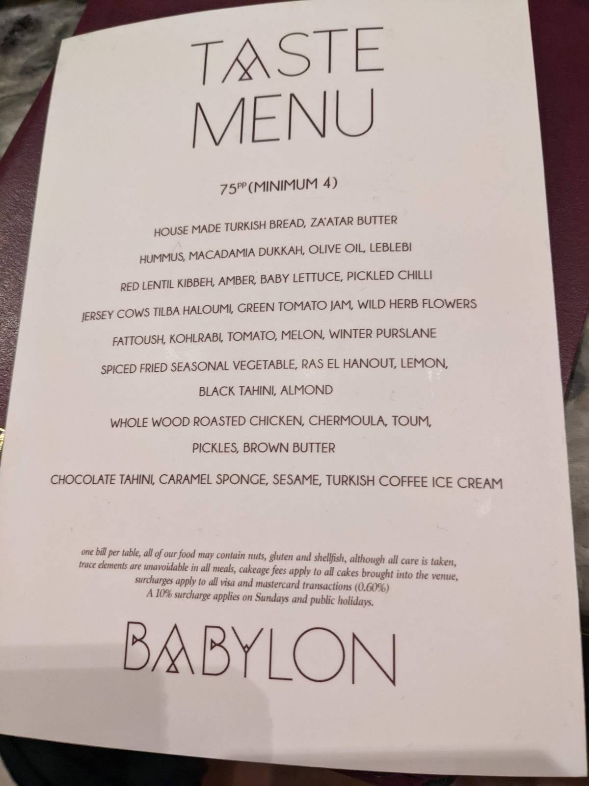 Carta de Babylon Rooftop & Garden Bar, Sydney