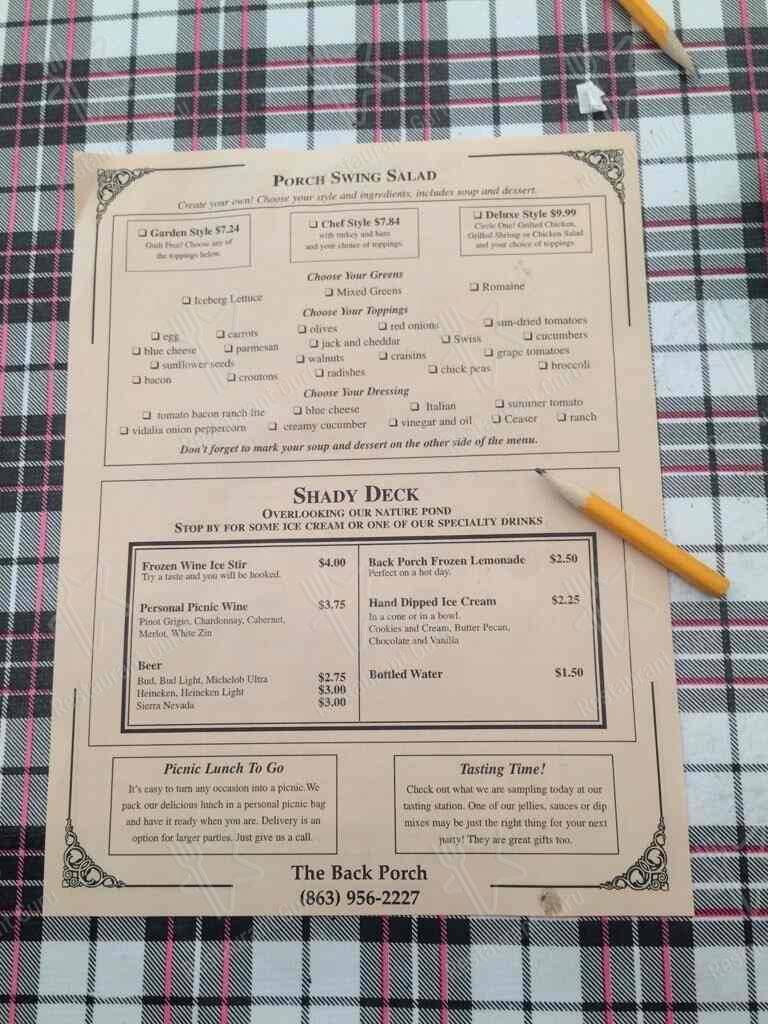 Menu at The Back Porch Restaurant, Lake Alfred, 115 Co Rd 557A