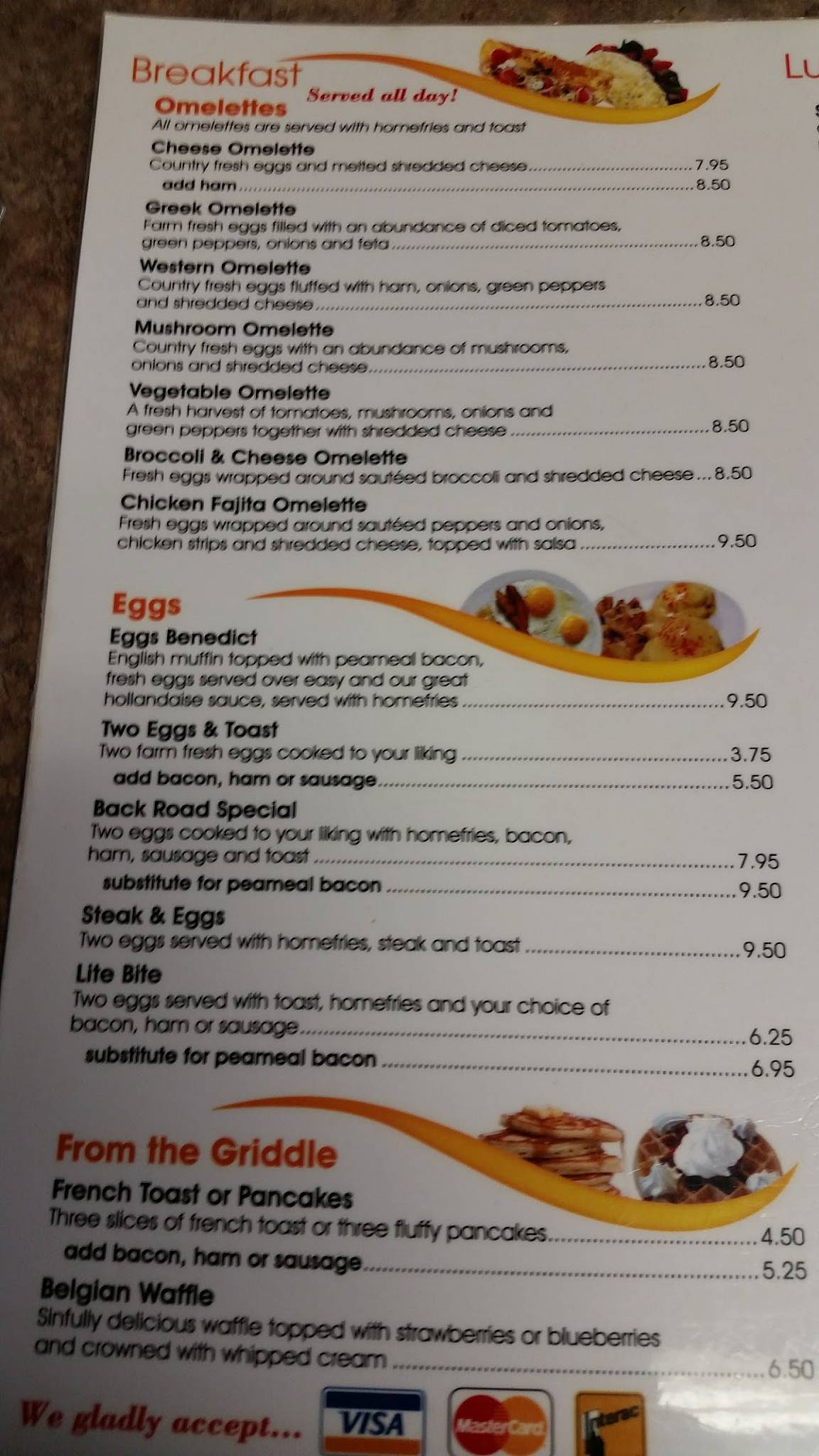 Menu at Back Road Cafe, Windsor