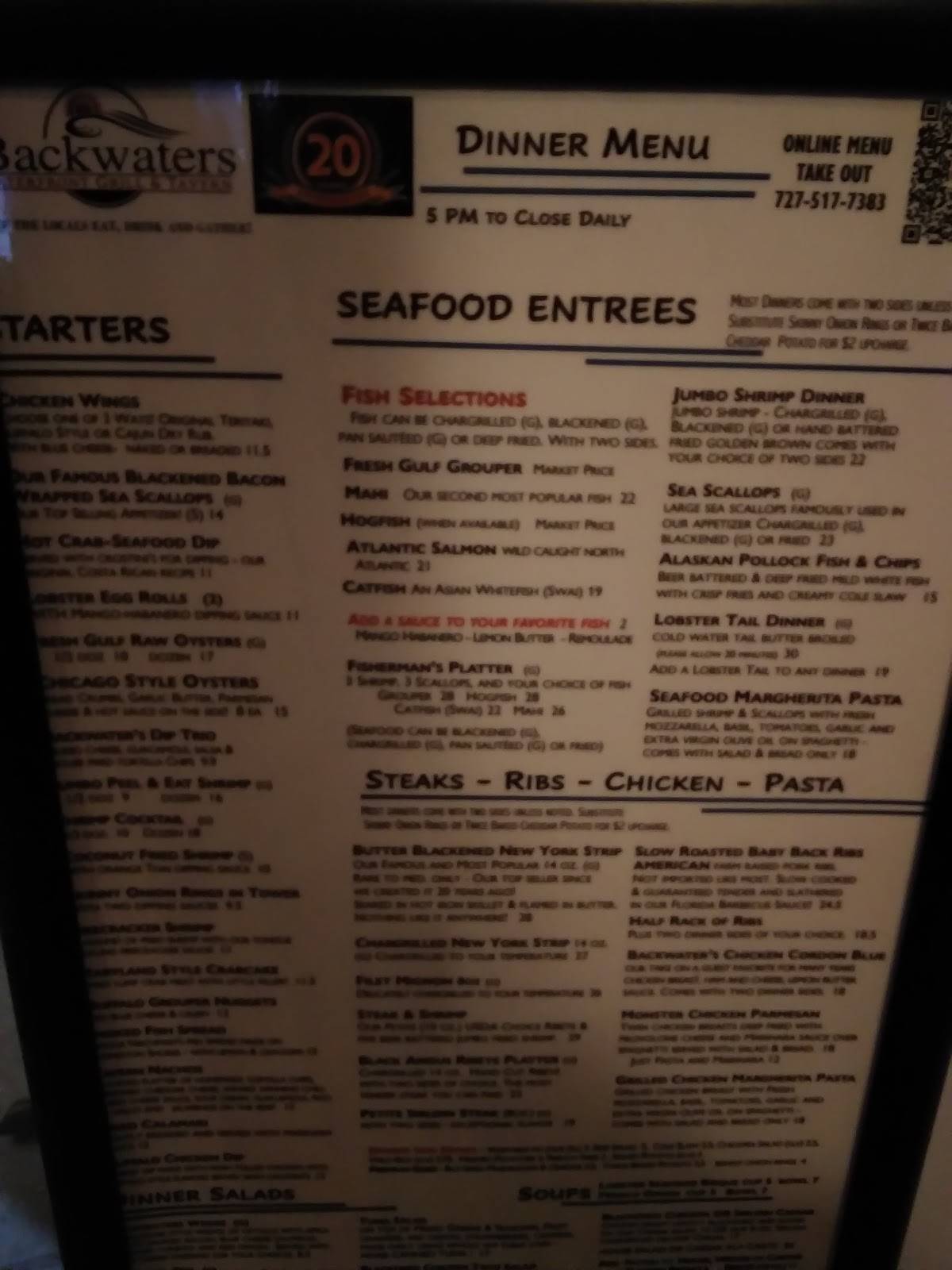 Menu at Backwaters restaurant, Clearwater
