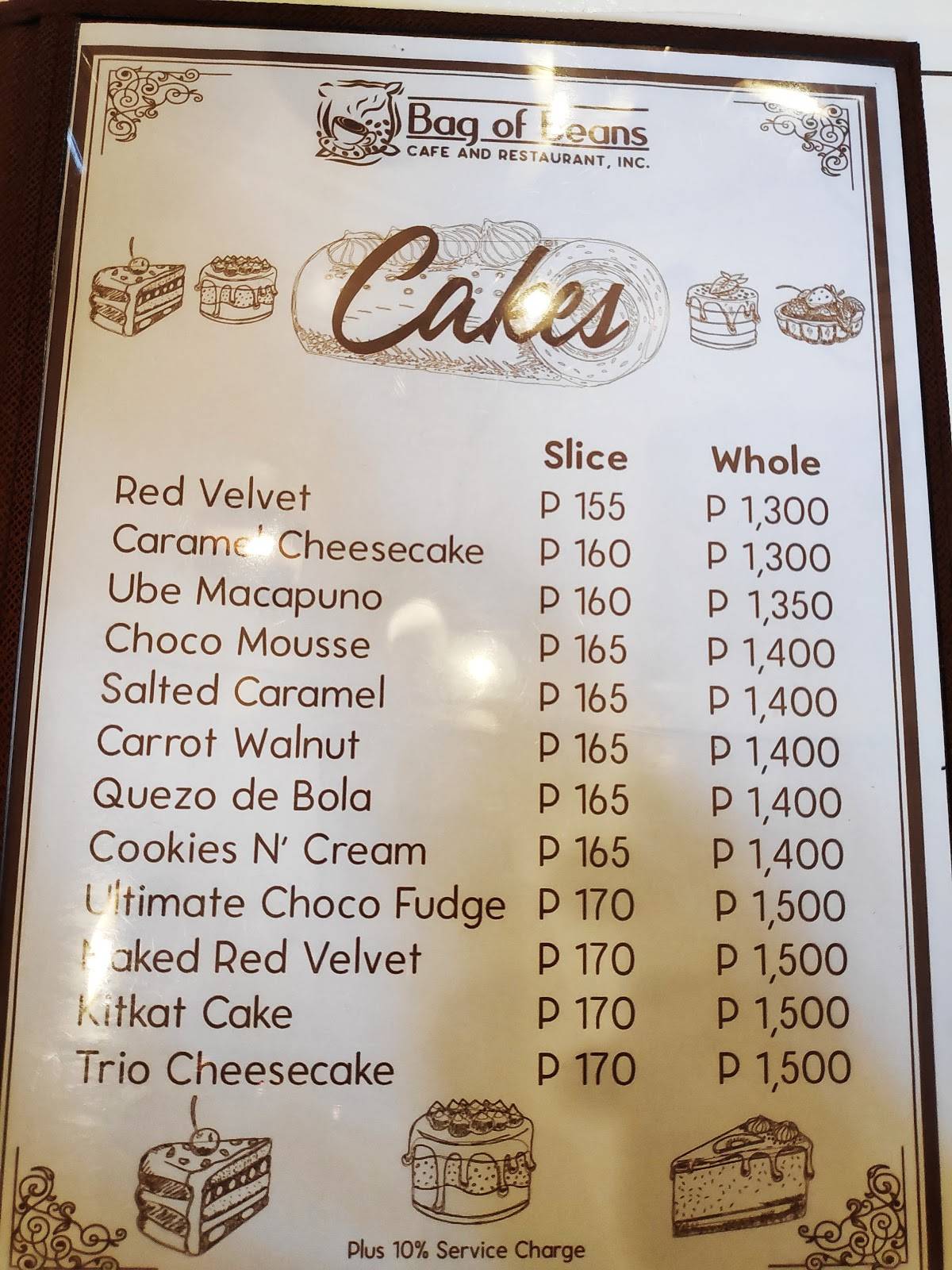 Menu at Bag of Beans Main cafe, Tagaytay, 3WW8+242