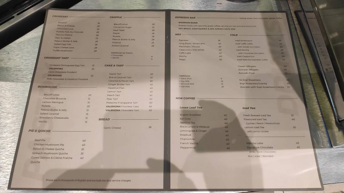 Menu at Bakerman Ashta restaurant, South Jakarta
